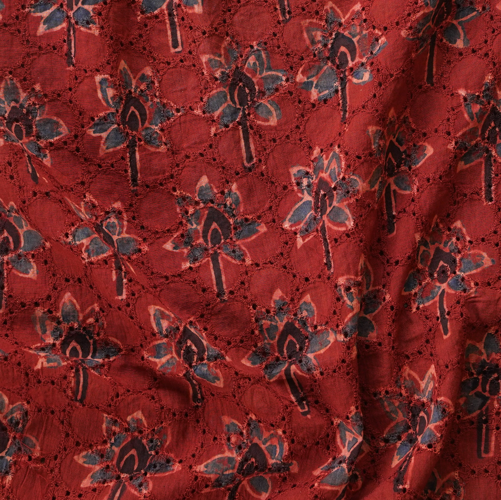 Pure Cotton Hakoba Ajrak Maroon With Blue Flower Motif Hand Block Prin – Sanskruti