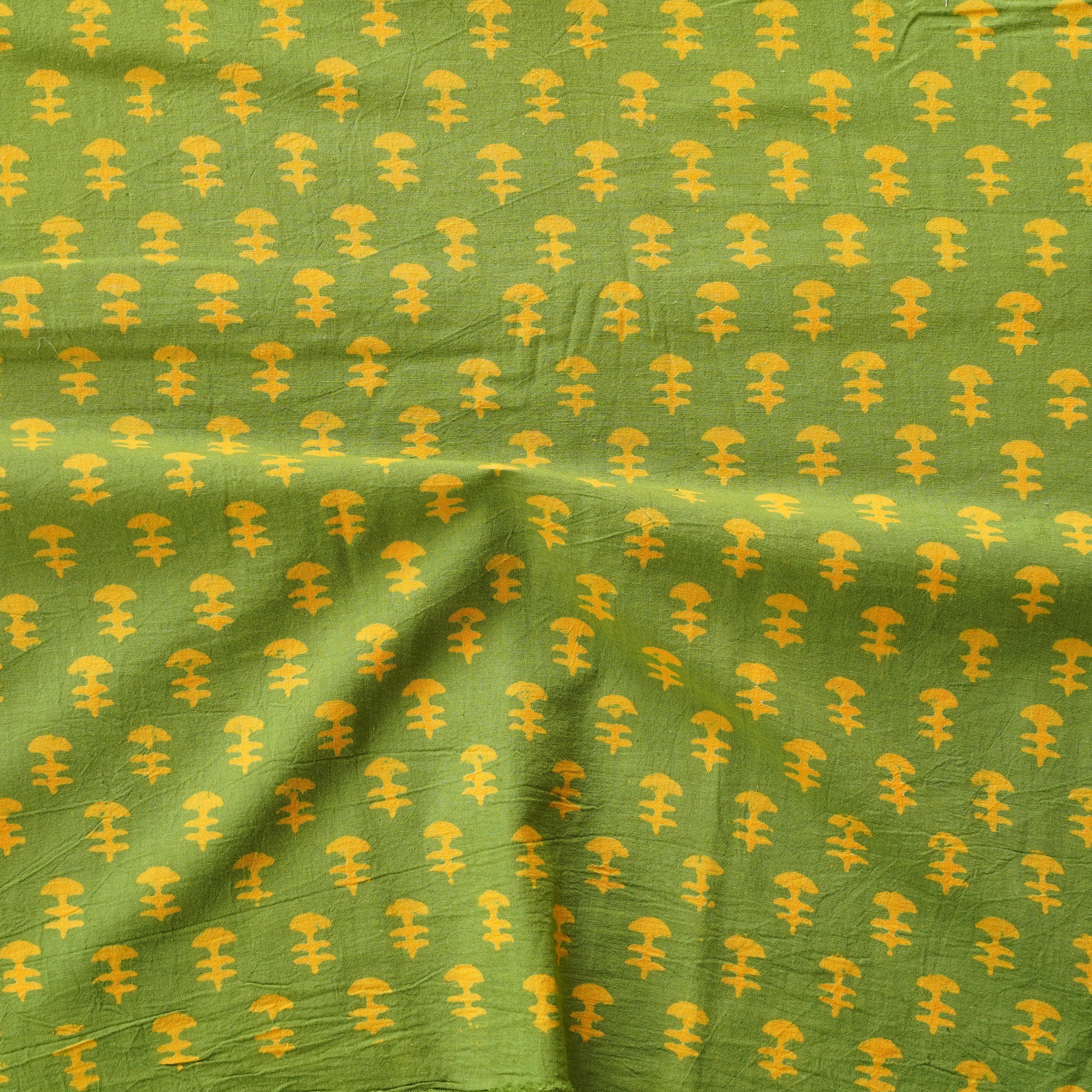 Pure Cotton Gamthi Green With Yellow Kairi Motif Hand Block Print Fabr ...