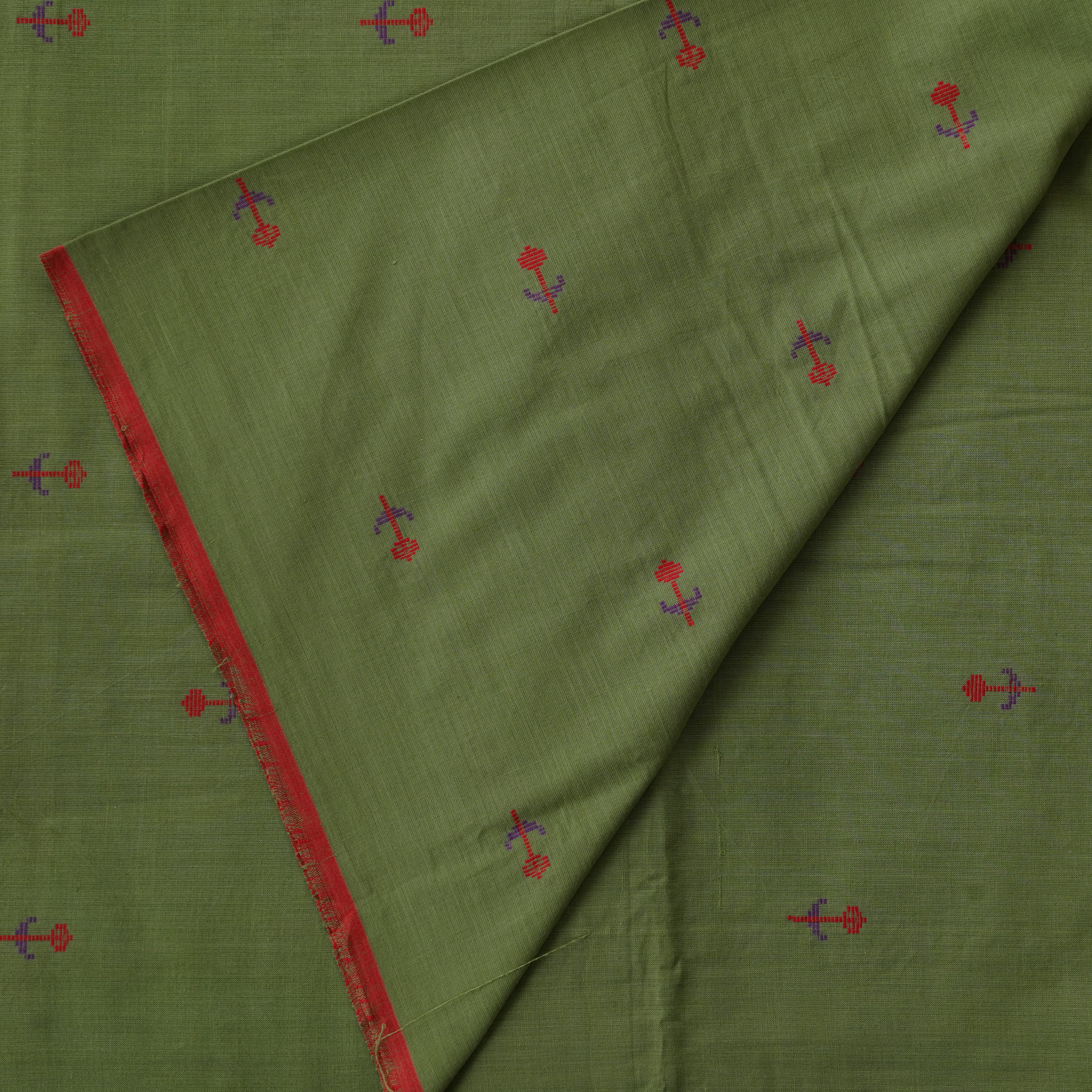 Pure Cotton Handloom Mehandi Green With Flower Motif And Both Side Bor ...