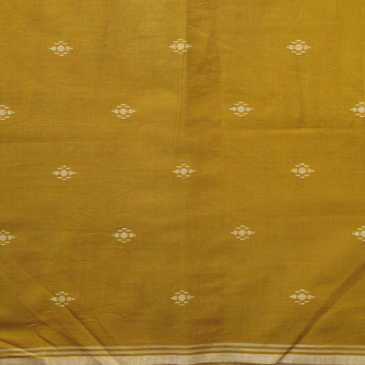 (PRE-CUT 1.85 METER) Pure Cotton Handloom Mustard With White Motif Wov ...