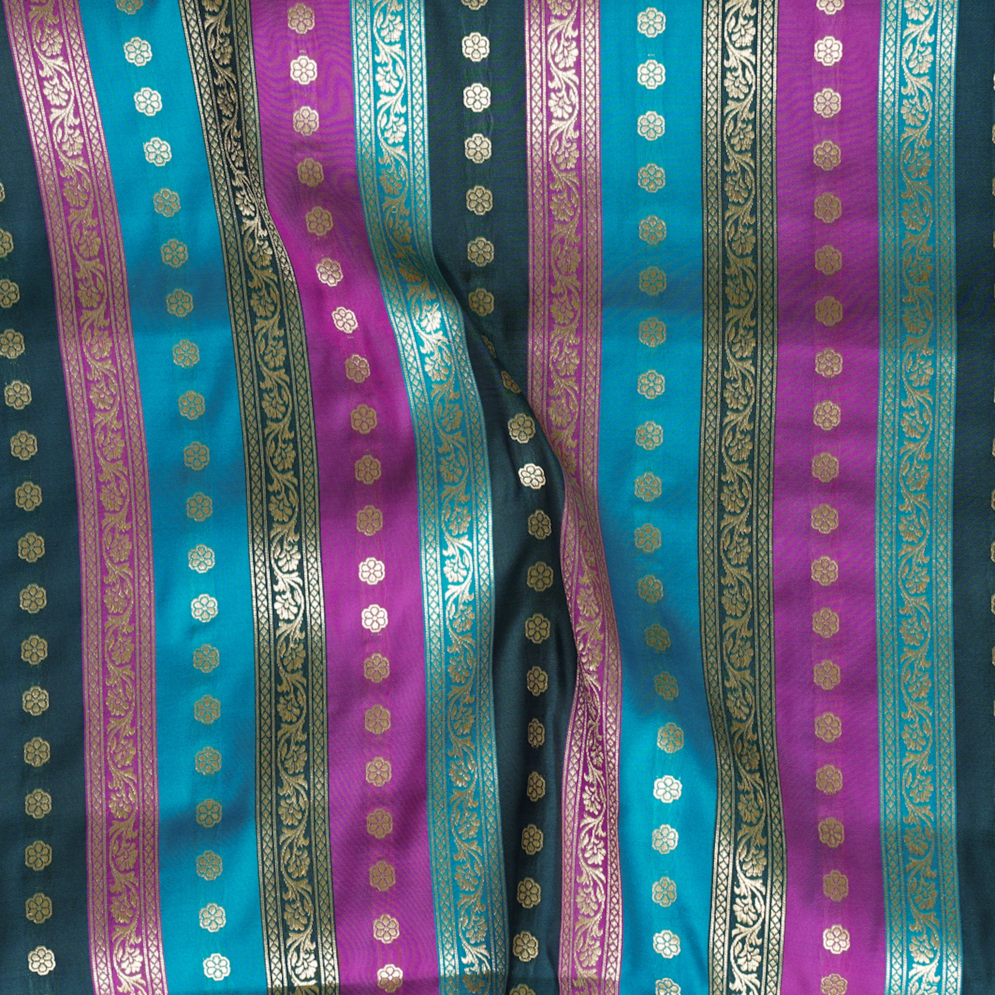 Banarasi Brocade Dark Green Pink and Blue Border With Golden Zari Flow ...