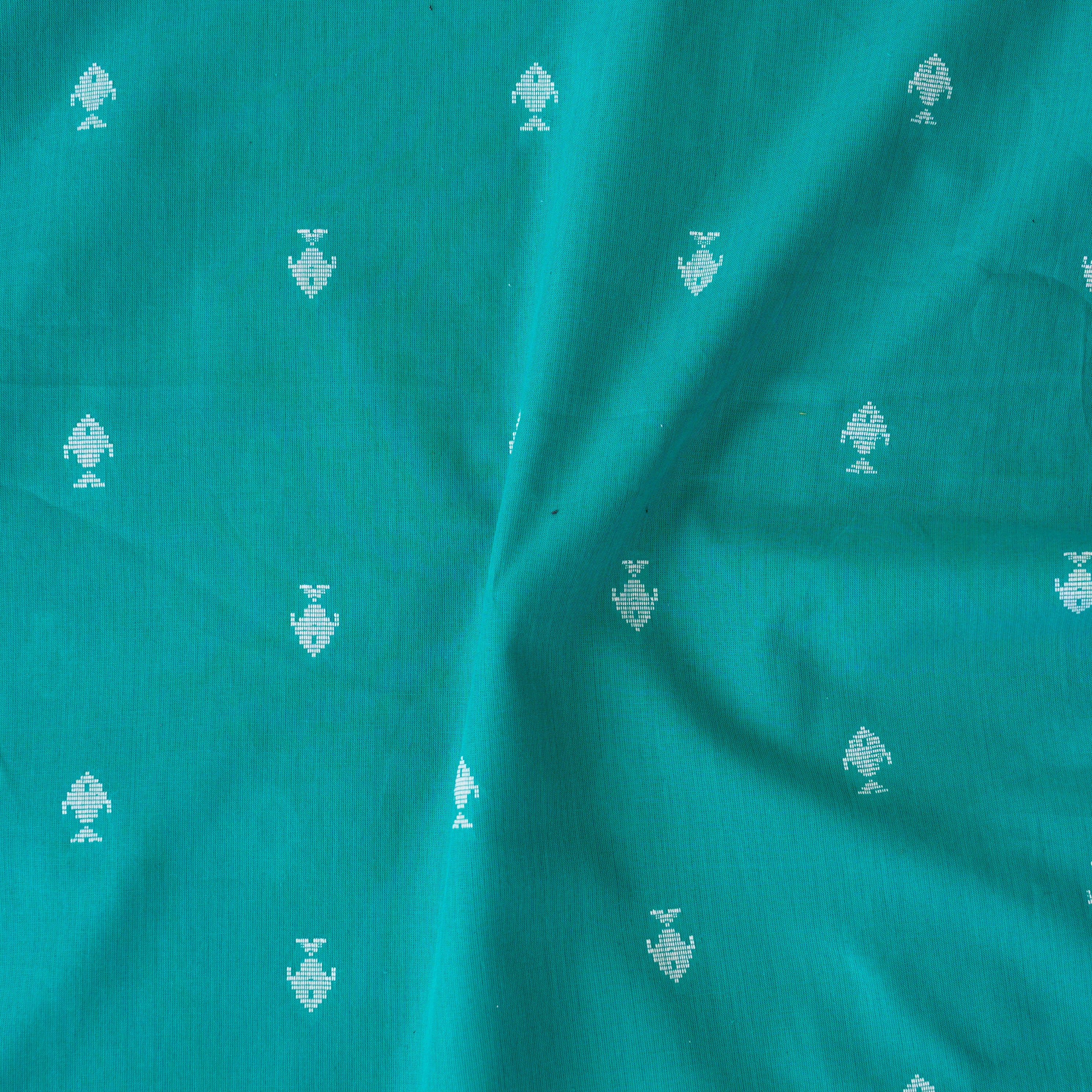 Pure Cotton Handloom Teal With White Fish Motif Woven Fabric – Sanskruti
