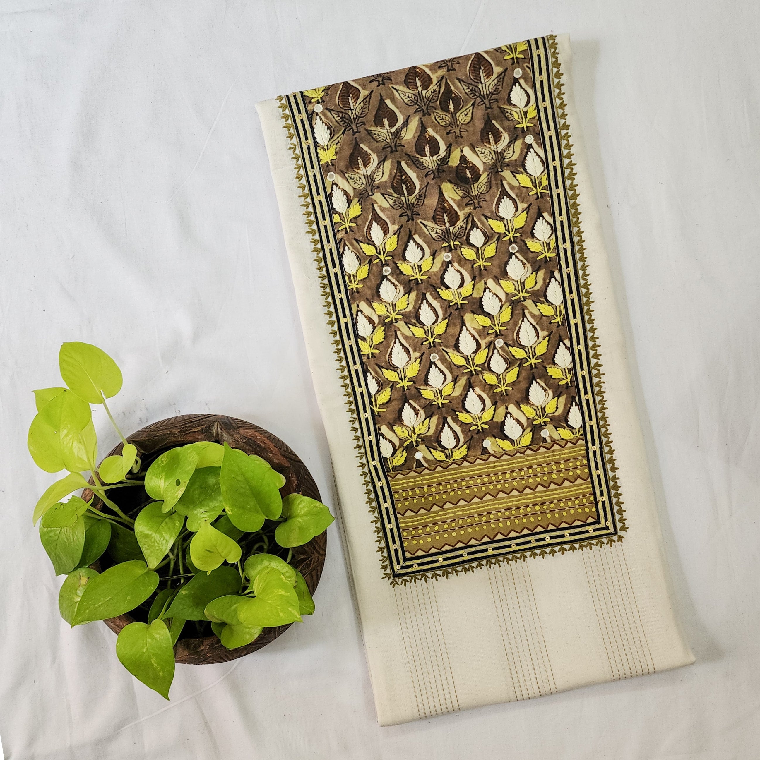 EKTA-Pure Cotton Handloom Cream With Light Brown Emboriderey Yoke Pre ...