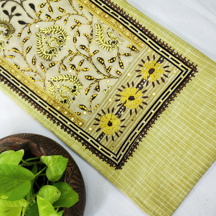 EKTA-Pure Cotton Handloom Cream With Vanaspati Emboriderey Yoke Pre-De ...