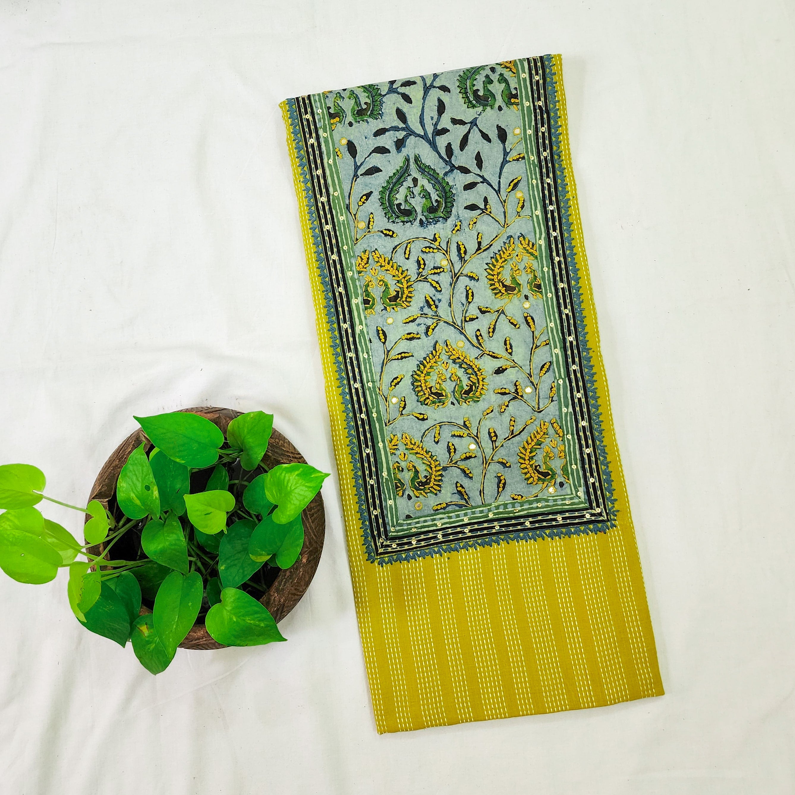 EKTA-Pure Cotton Handloom Light Lemon Green With Cream Stripes With Va ...