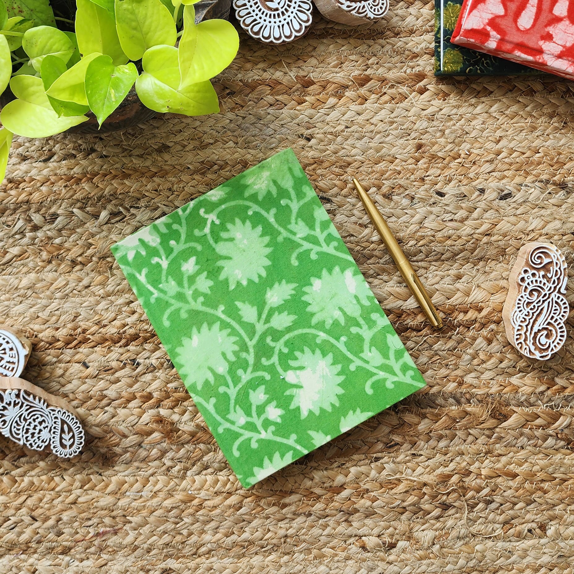 Handmade Upcycled Dabu Green White Flower Dairy A5 – Sanskruti