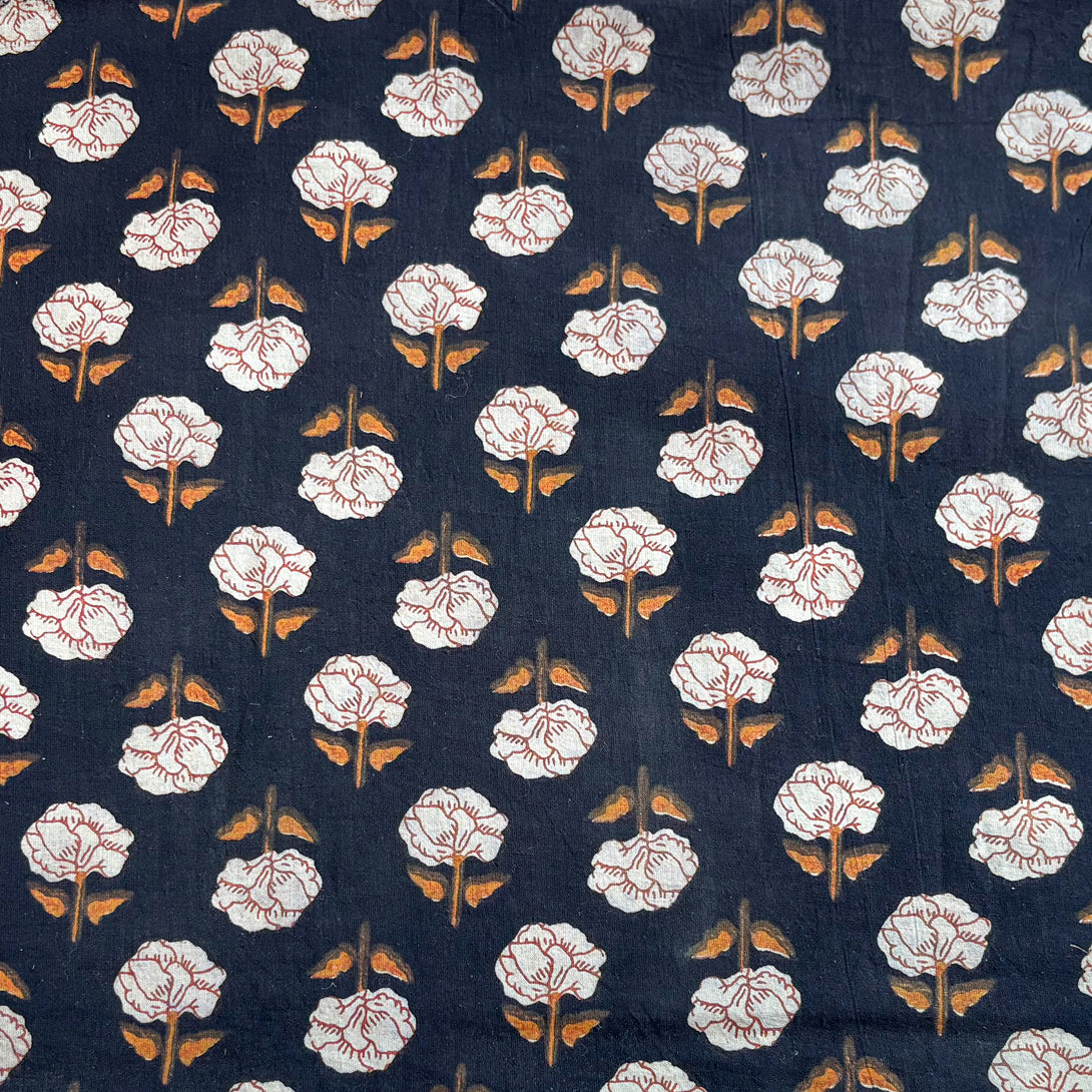(PRE-CUT 1.50 METER) Pure Cotton Bagru Black With Cream Flower Motif H ...