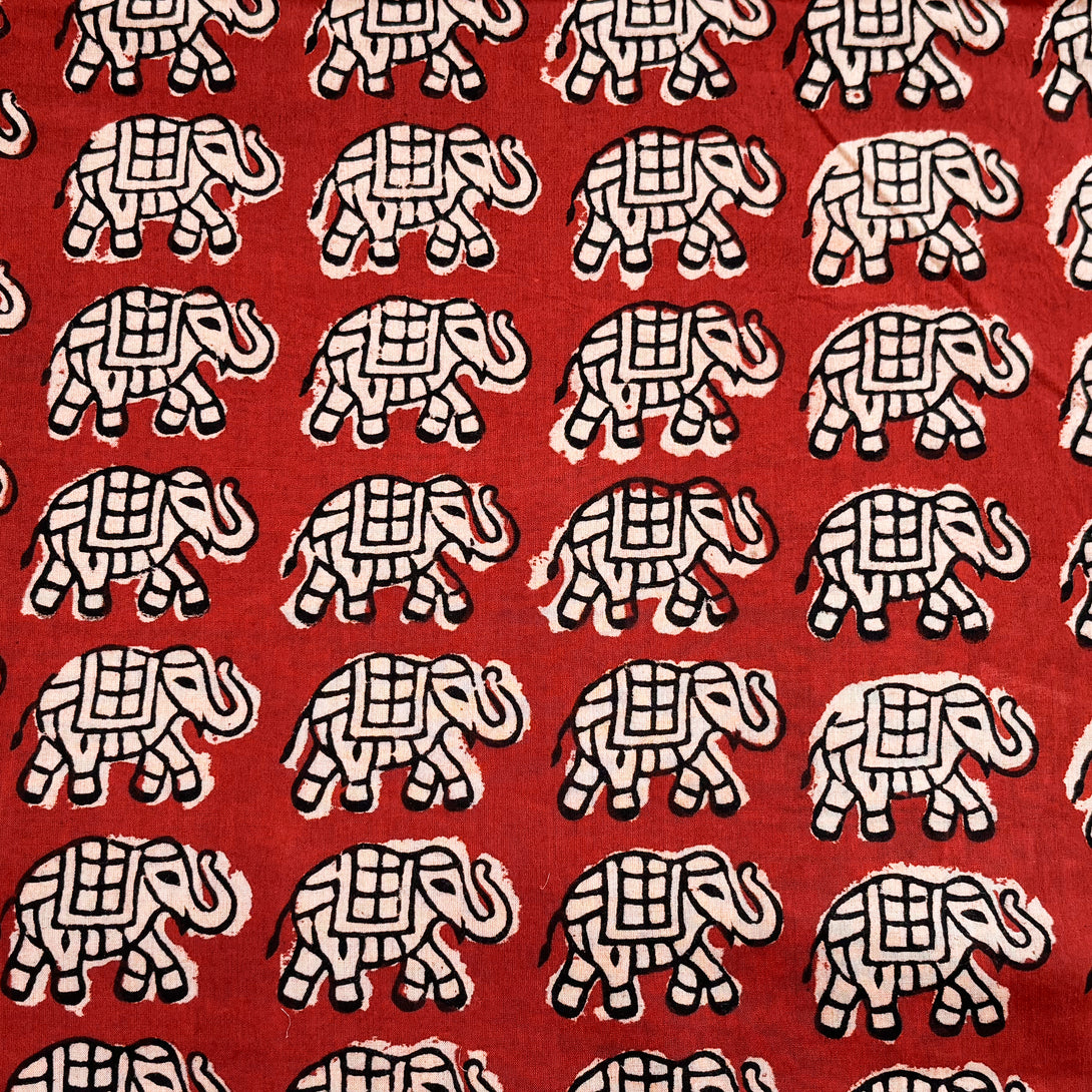 (Pre-Cut 1.85 Meter) Pure Cotton Bagru Red With Cream Elephant Motif H ...