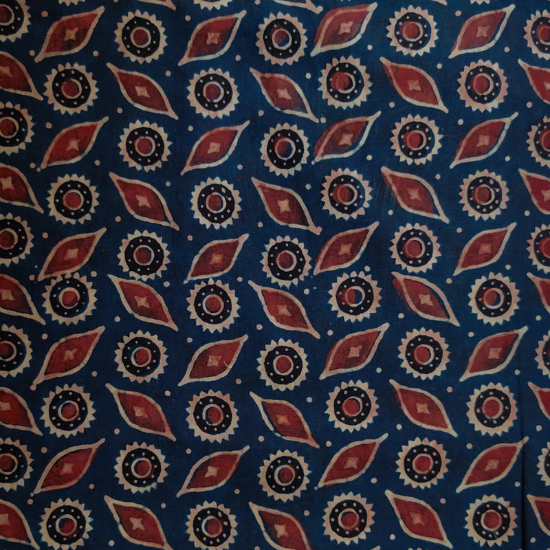 (PRE-CUT 1.50 METER) Pure Cotton Ajrak Blue With Chakra Leaves Motif H – Sanskruti