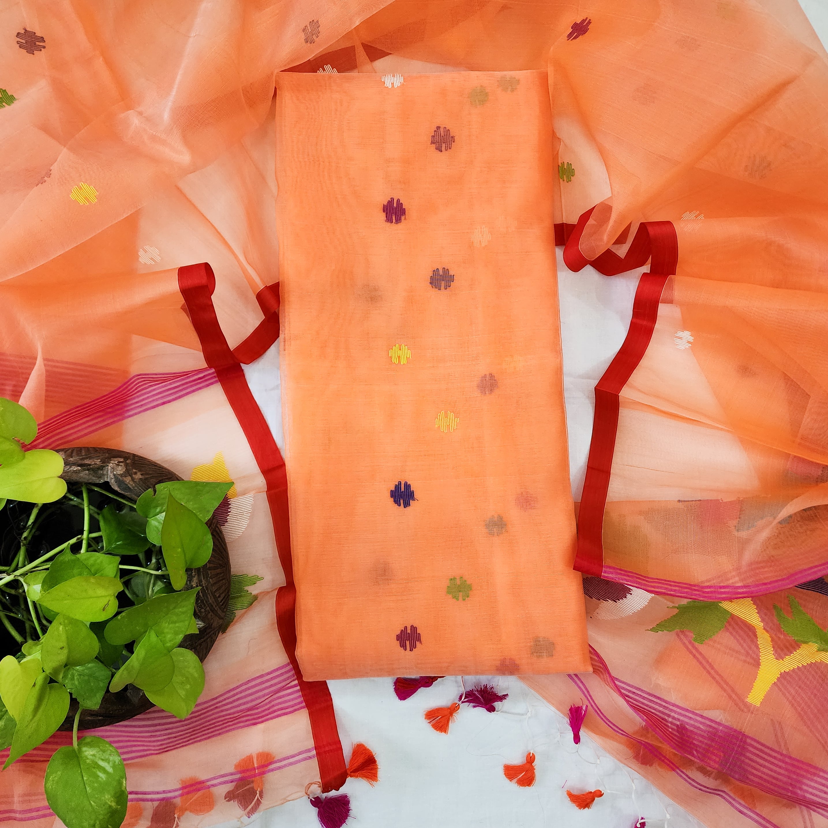JAMDANI-Jamdani Orange With Red Top And Jamdani Intricate Design Dupat ...