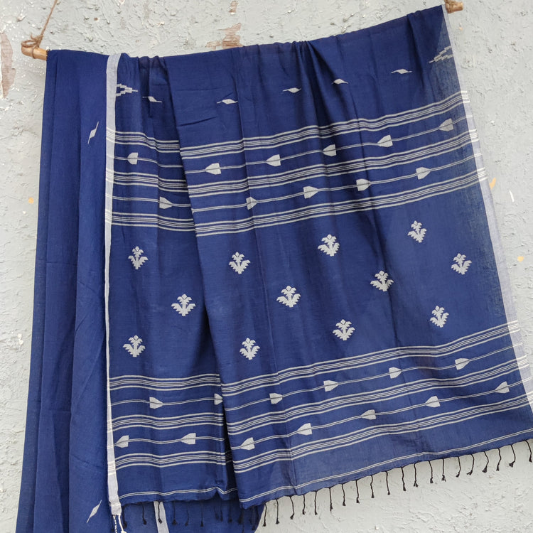 JAMDANI - Pure Cotton Jamdani Navy Blue With White Saree – Sanskruti