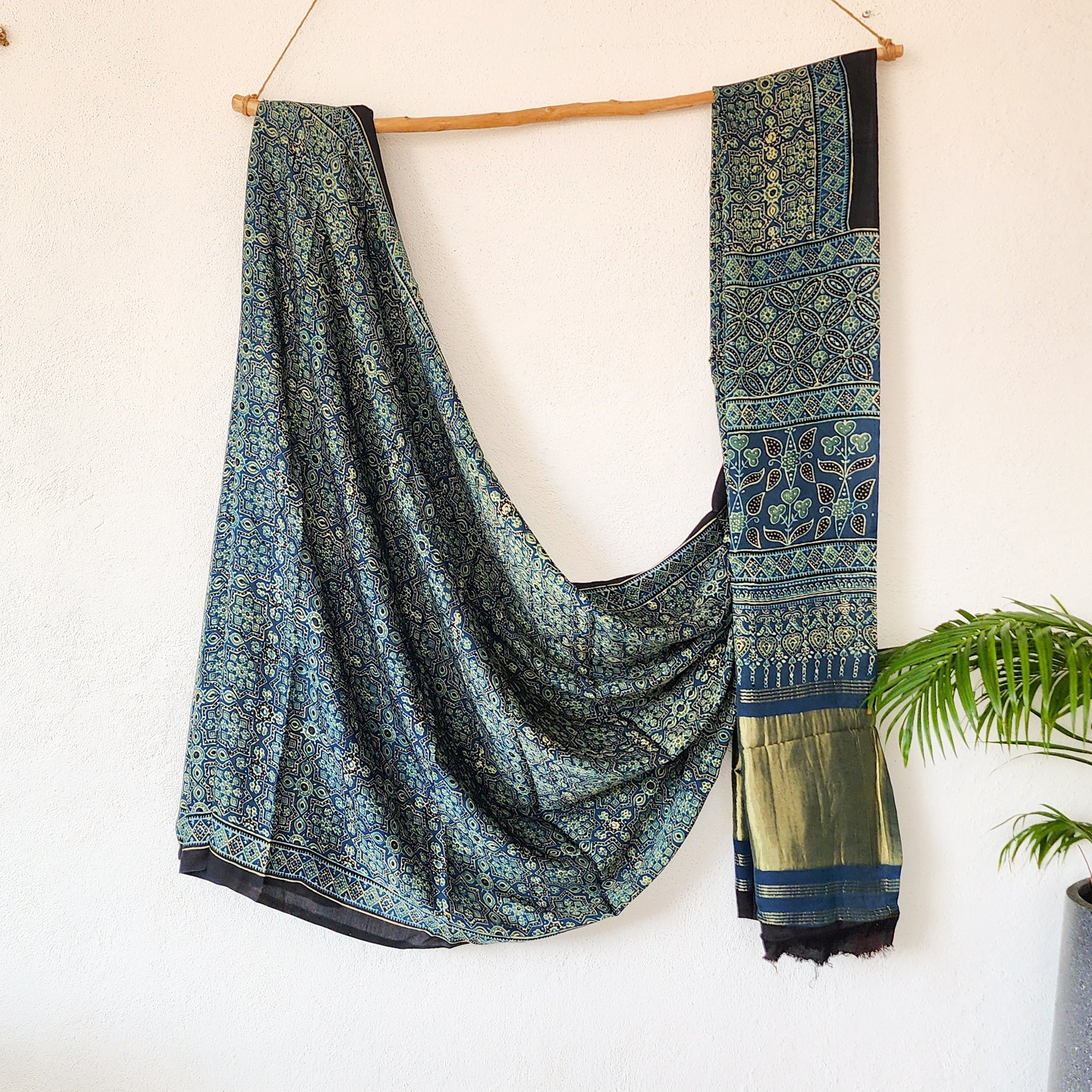 KAREENA-Modal Silk Ajrak Rust Blue Intricate Design Ghicha Pallu Saree ...