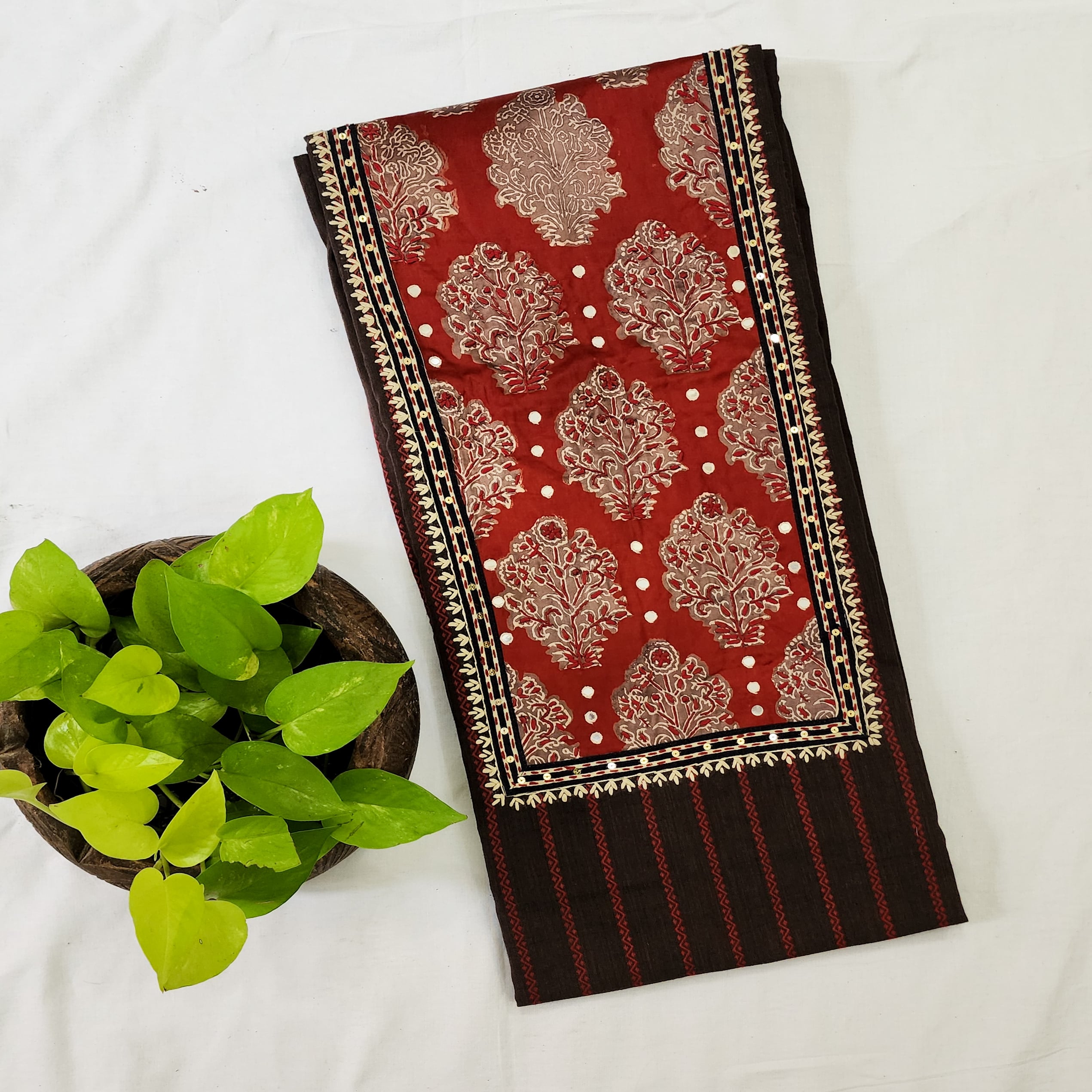 KIARA-Pure Cotton Handloom Dark Brown Intricate Design Yoke Pre-Design ...