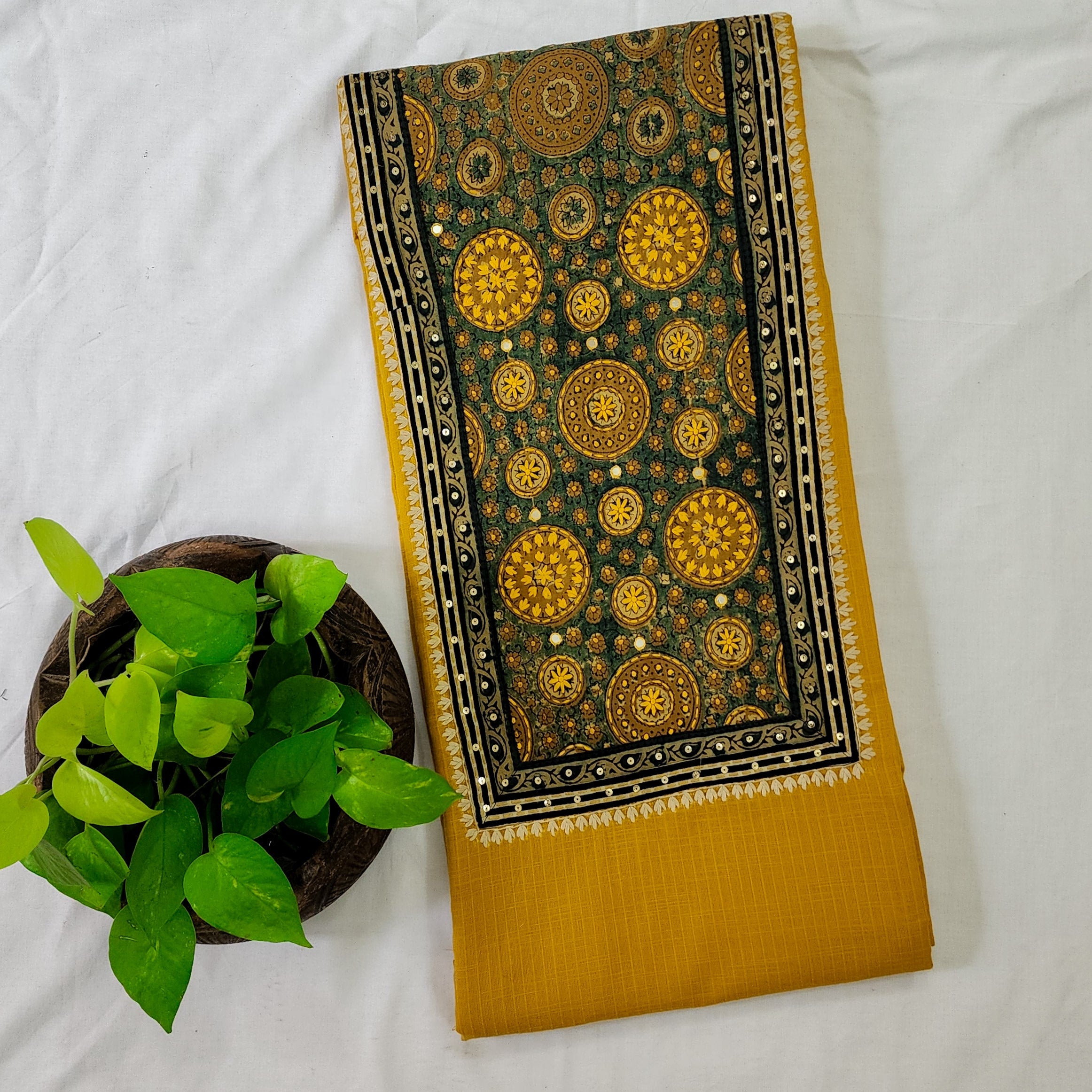 KIARA-Pure Cotton Handloom Mustard With Green Ajrak Intricate Design Y ...