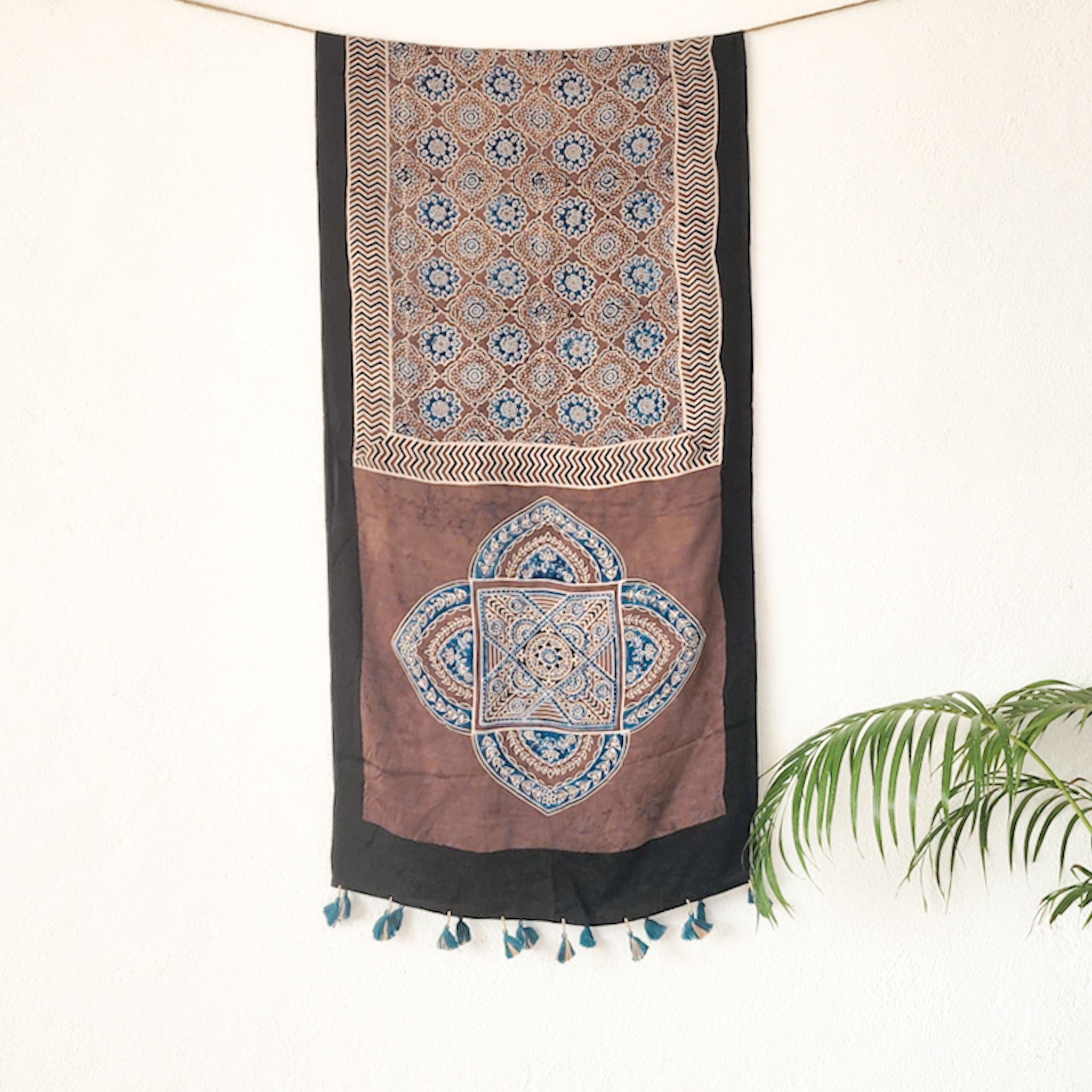 PASHTUSH - Modal Silk Brown With Blue Flower Intericate Border Design ...