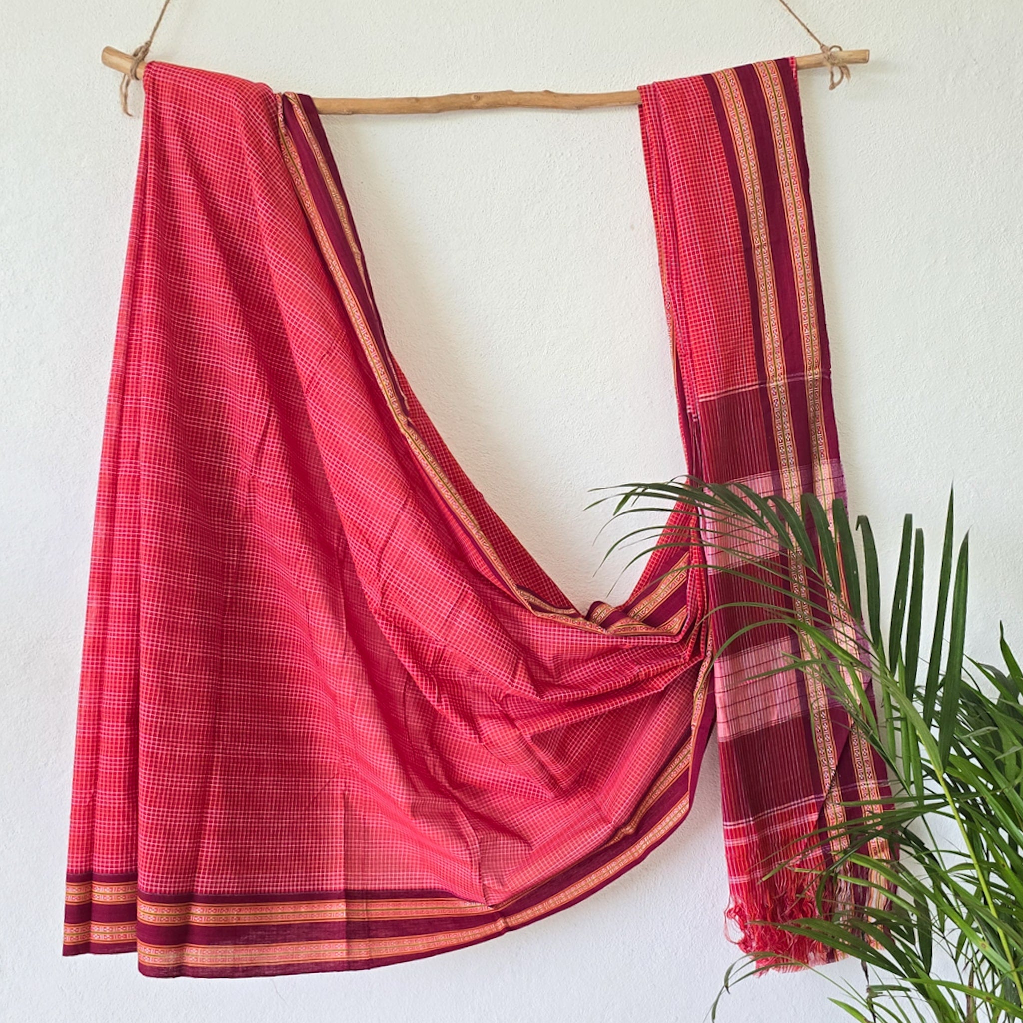 KUNBI-Pure Cotton Red With Maroon And White Small Checks Kunbi Saree ...