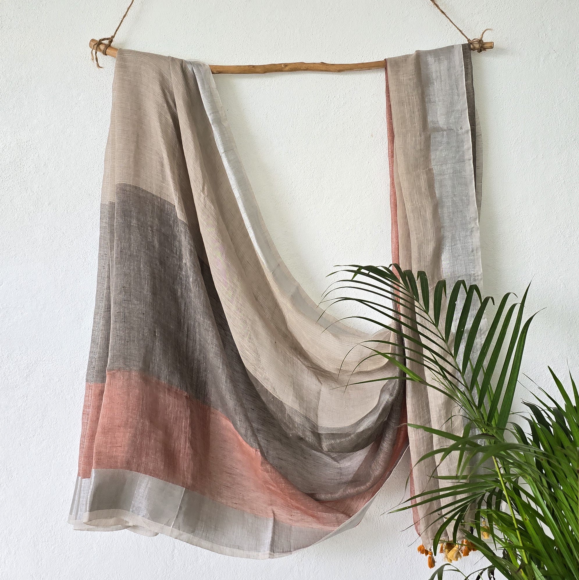 LINEN QUEEN-Three Shades Of Cream And Grey And Peach Linen Saree ...