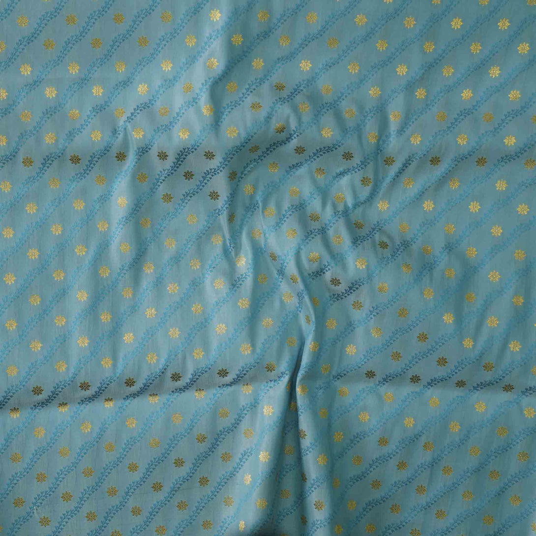 Light Blue Brocade With Gloden Flower Creeper Woven Fabric – Sanskruti