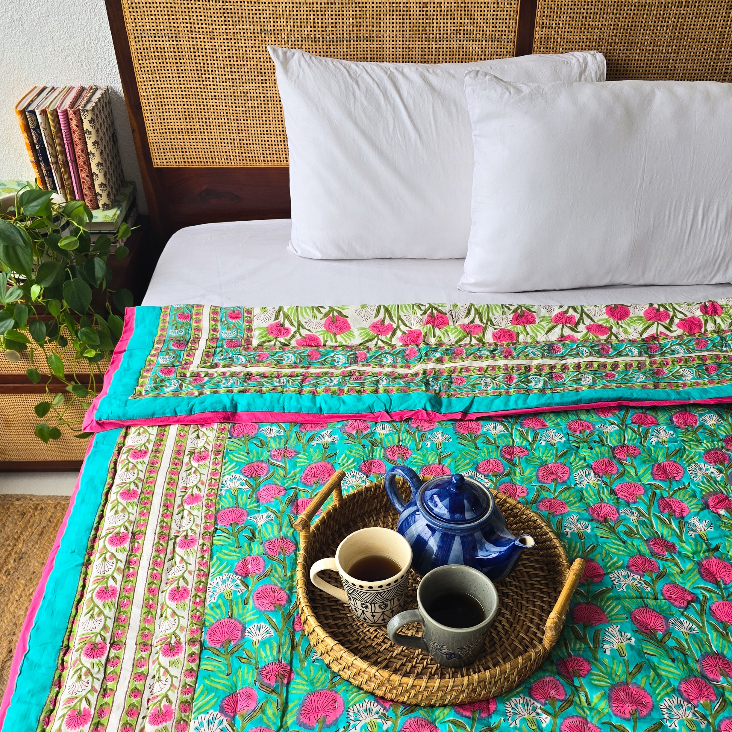 Lily Garden Morning -Pure Mul Cotton Hand Block Printed Reversible Raz ...