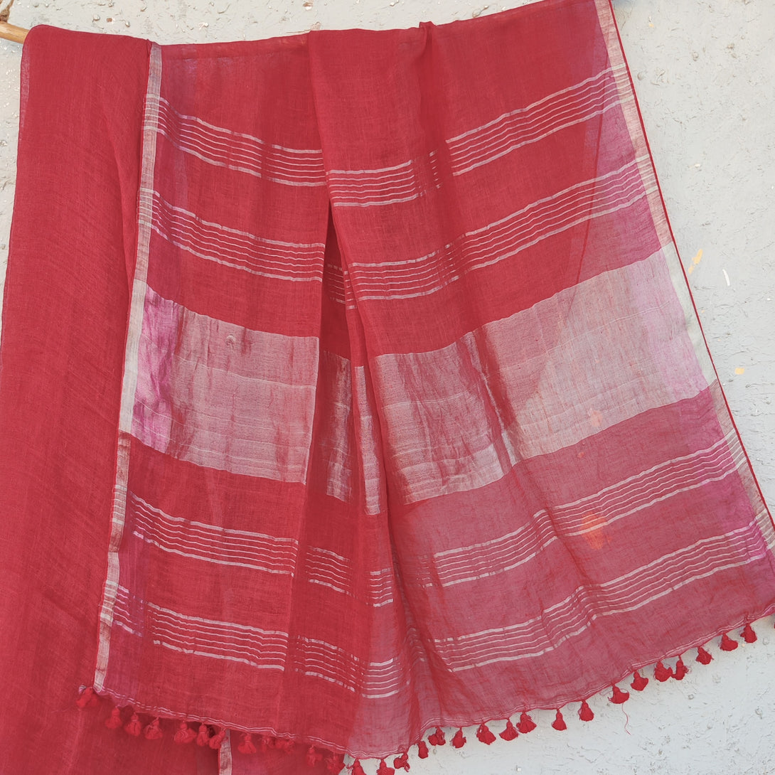 Linen Queen-Red Linen Saree – Sanskruti