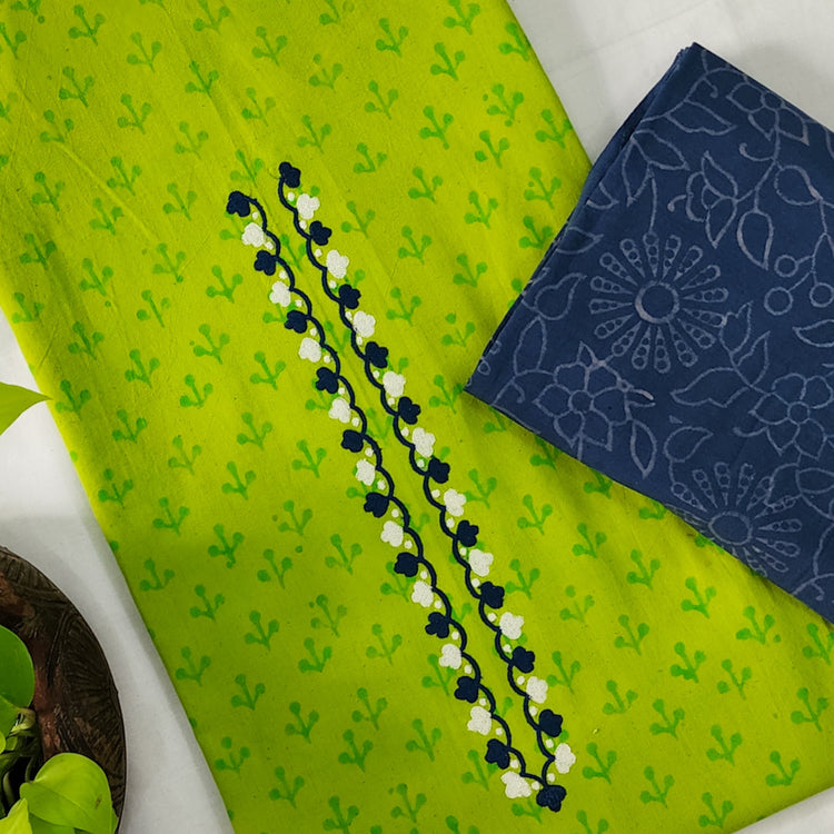 MAAVNI-Pure Cotton Gamthi Green With Blue Neck Emboriderey With Cotton ...