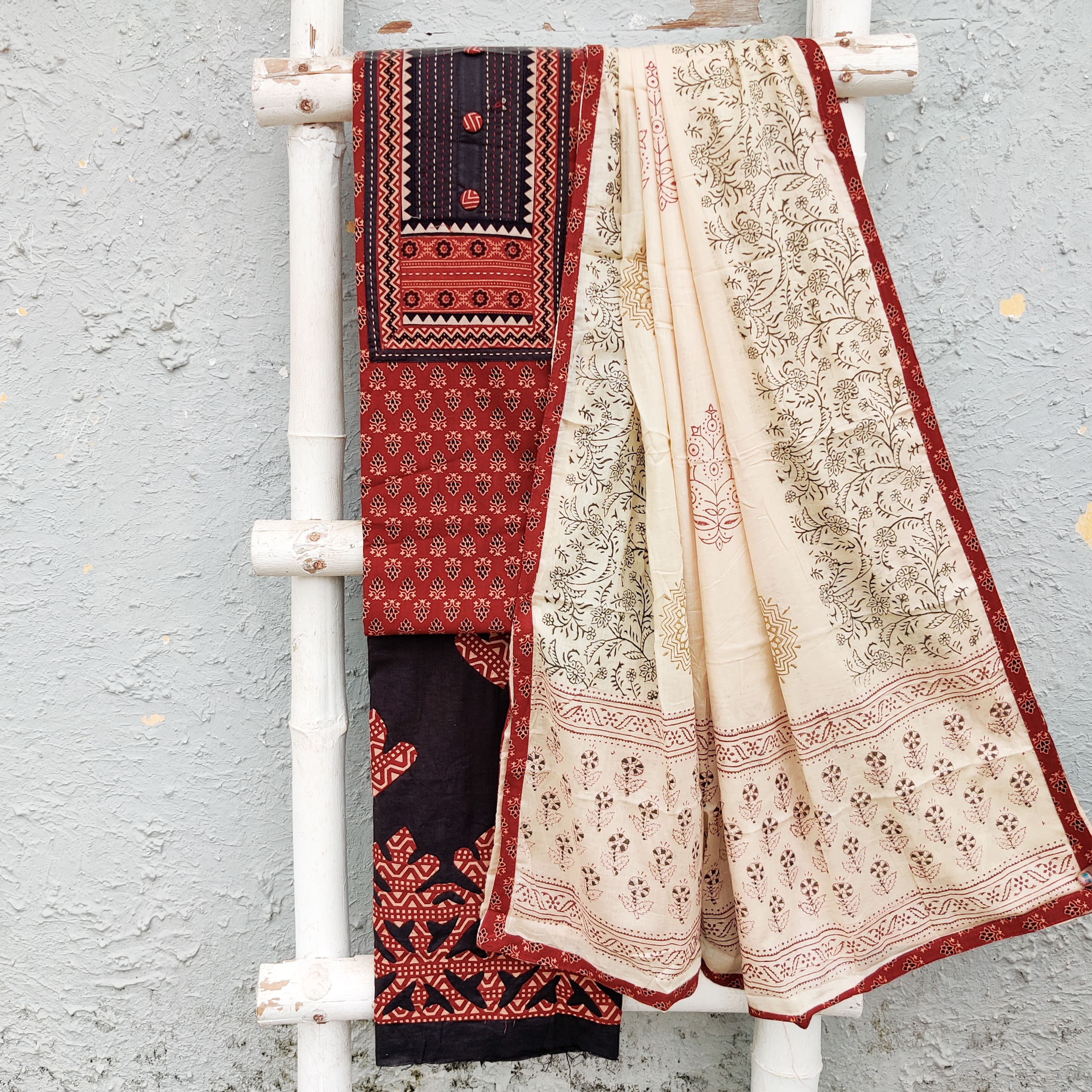 RUHI-Pure Cotton Rust With Cream Ajrak With Black Intricate Emboridere ...