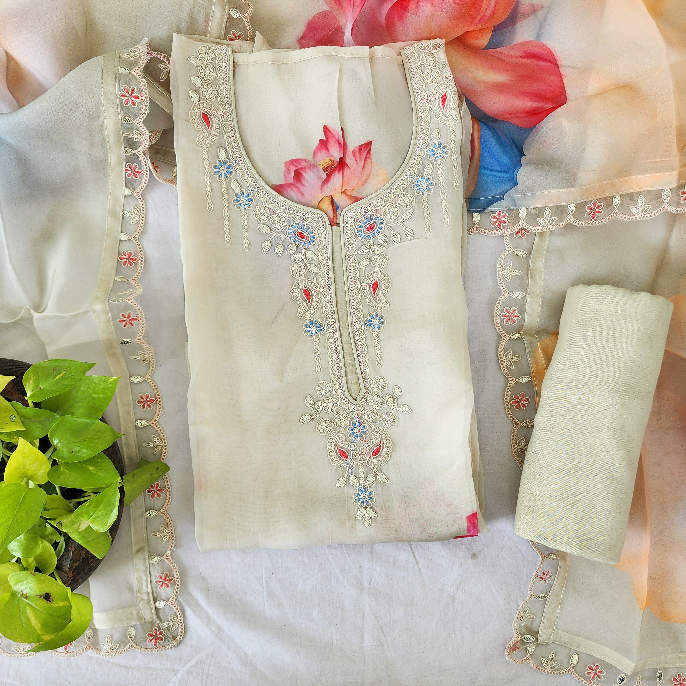 HUSNA - Soft Organza Top With Beautiful Lotus Print And Neck Embroider ...