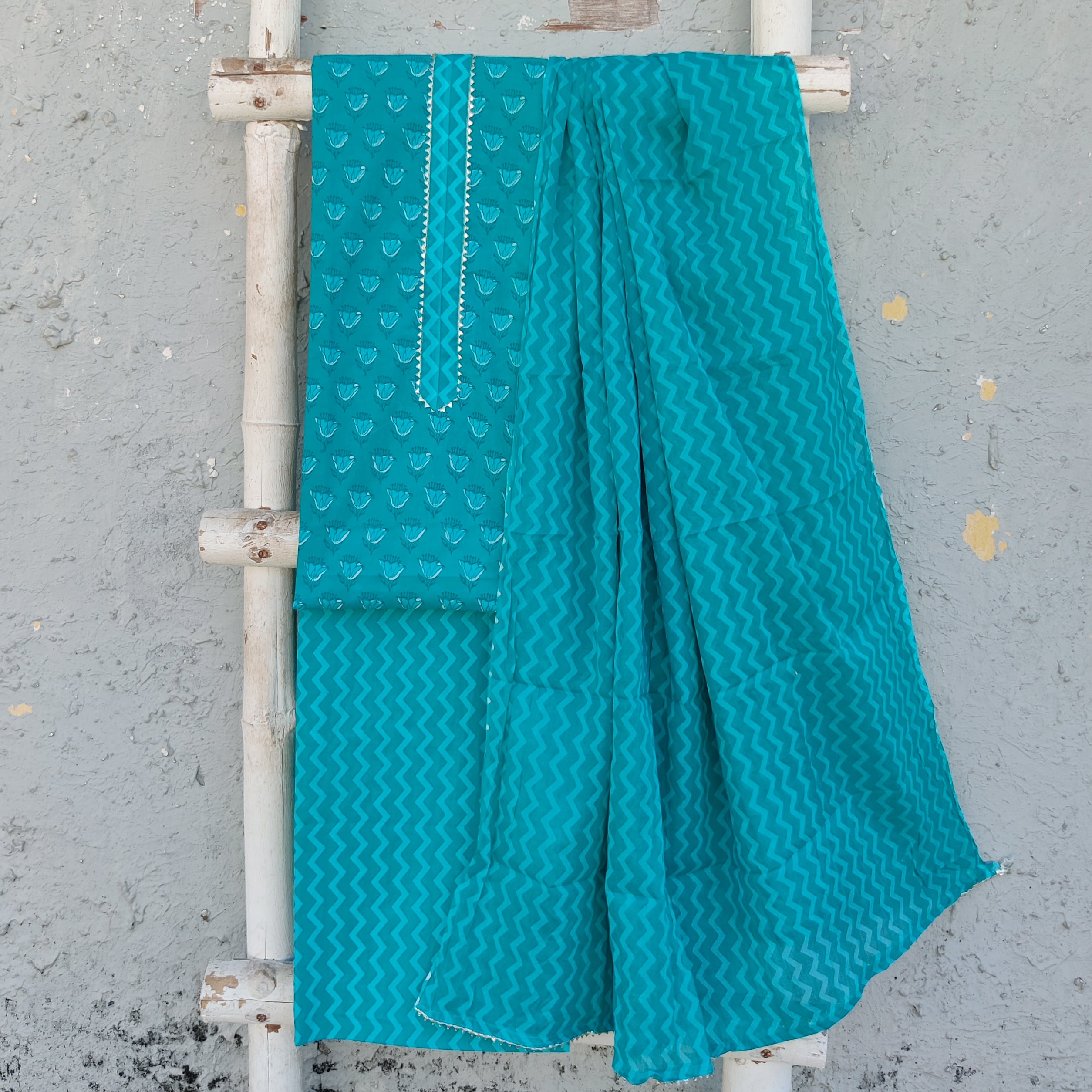MUDRA-Pure Cotton Blue With Neck Yoke Design And Blue Cotton Bottom Zi ...