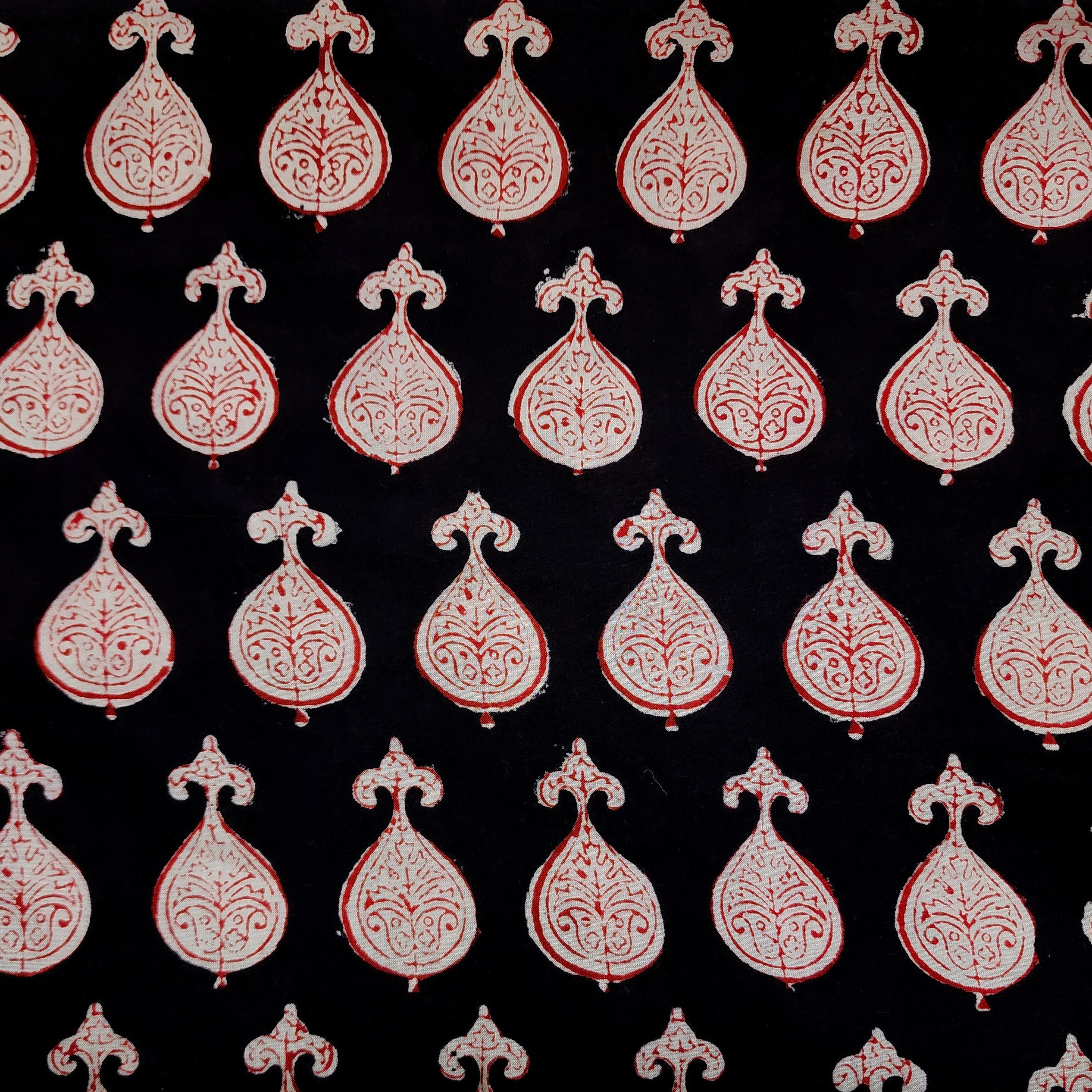 (PRE-CUT 2 METER) Modal Cotton Black Bagru With Maroon Motifs Hand Blo ...