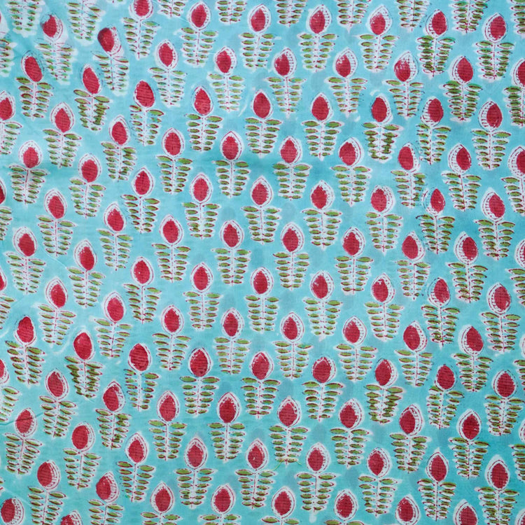 Modal Cotton Jaipuri Light Blue With Pink Flower Bud Motifs Hand Block ...