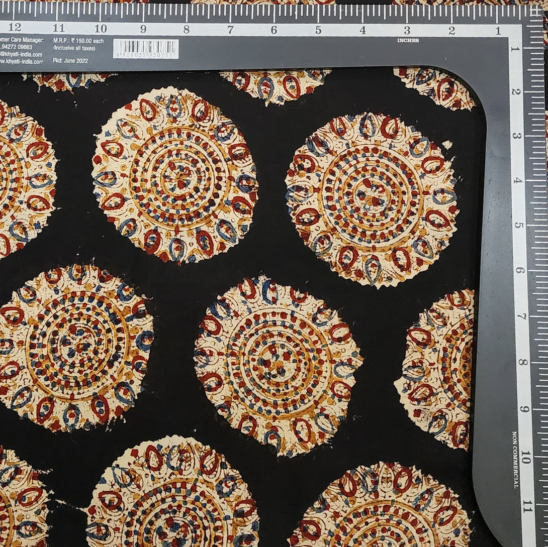 Modal Cotton Kalamkari Black With Mustard Chakra Hand Block Print Fabr ...