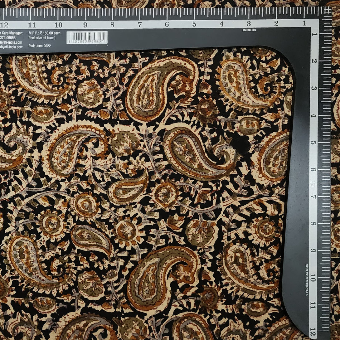 Modal Cotton Kalamkari Black With Mustard Kairi Hand Block Print Fabri ...
