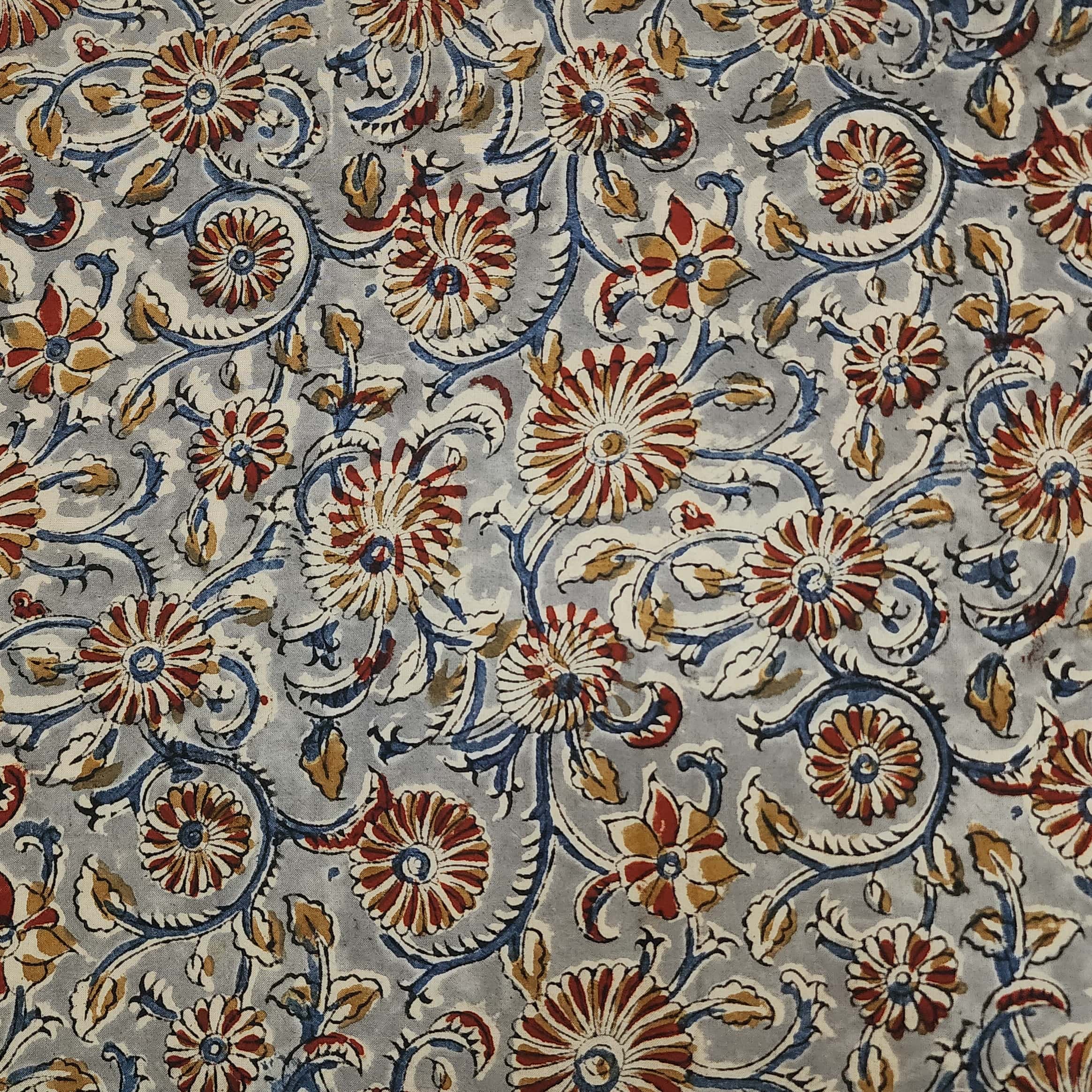 Modal Cotton Kalamkari Grey With Mustard Jungle Flower Jaal Hand Block ...