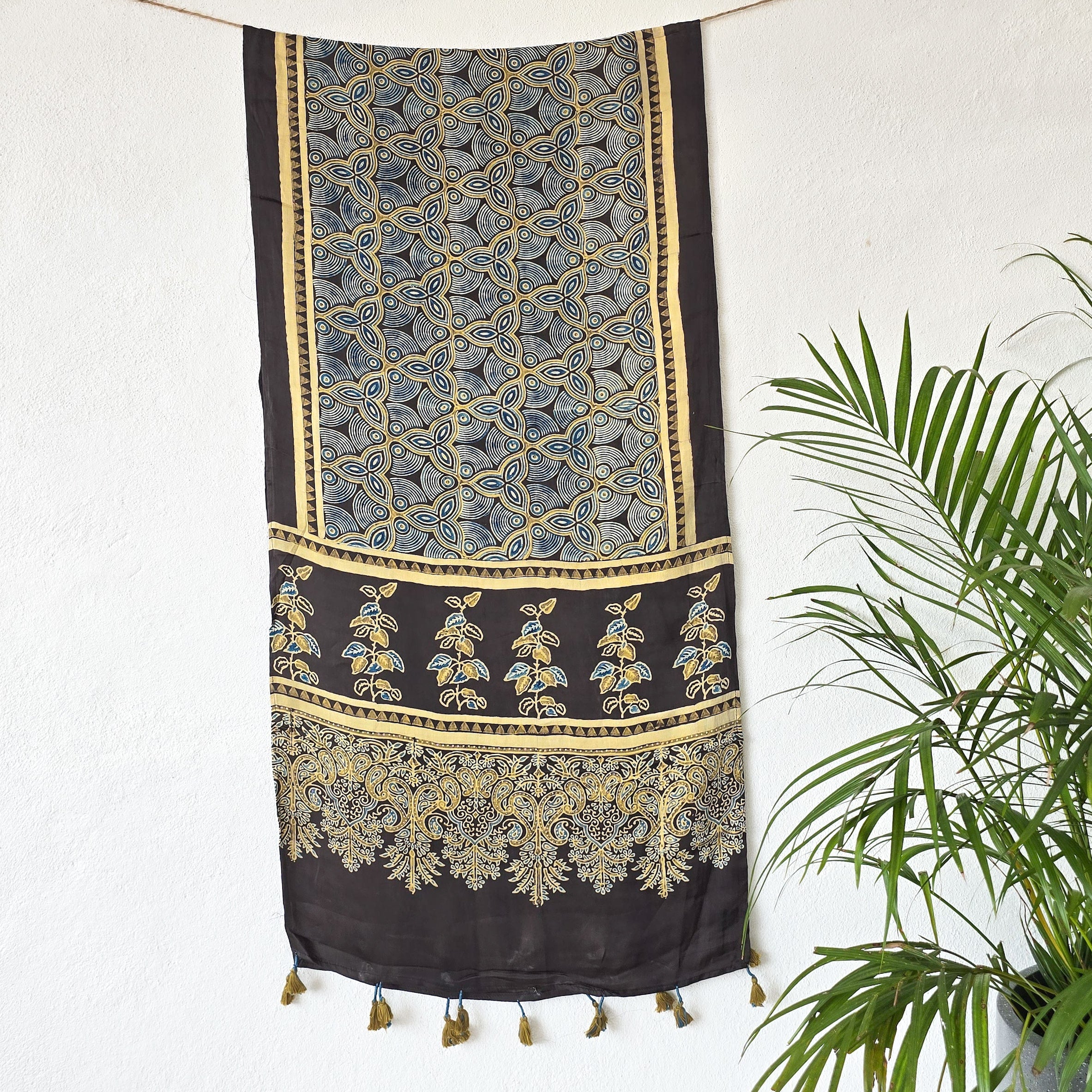 Modal Silk Ajrak Black With Green Intricate Design And Border Design S ...