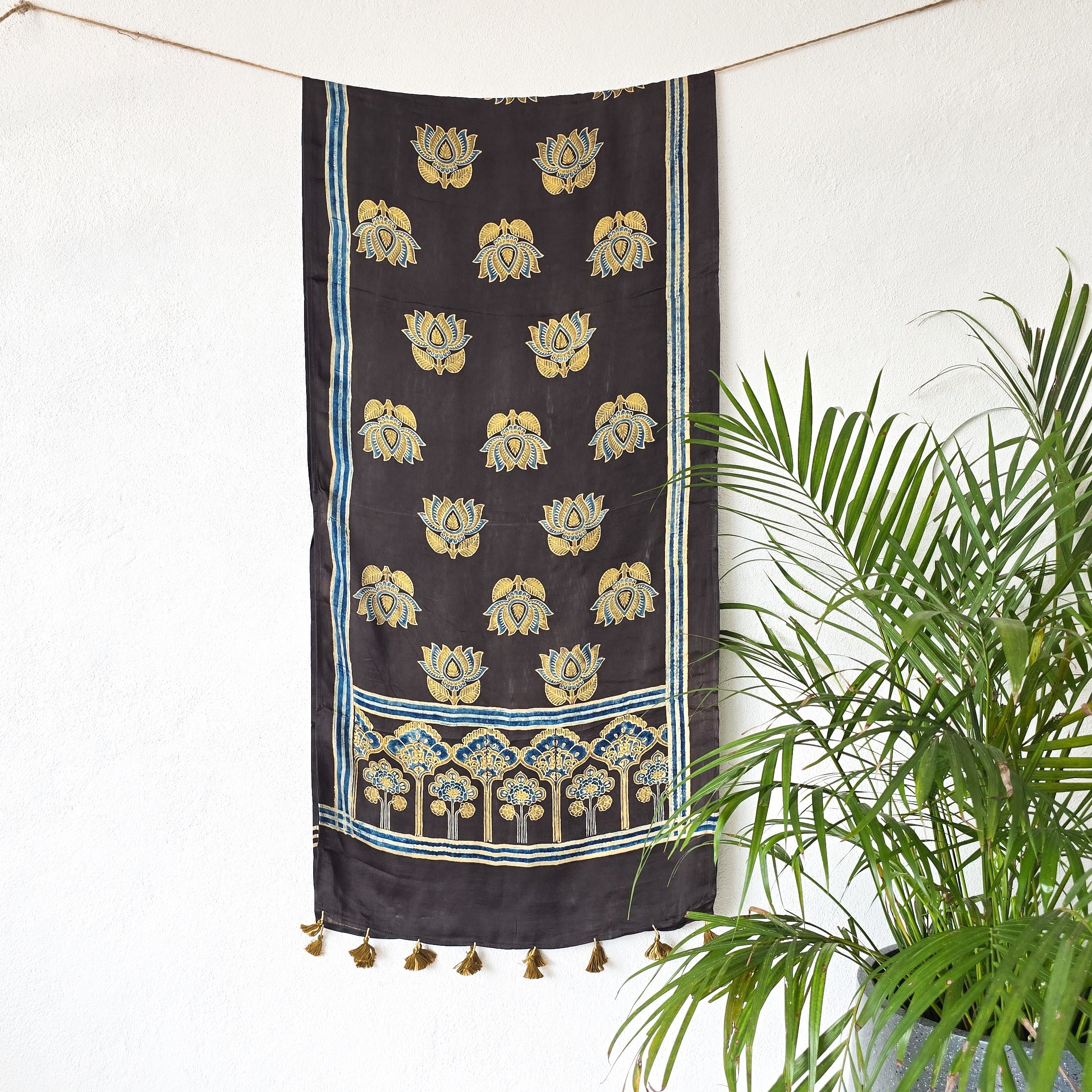 Modal Silk Ajrak Black With Green Lotus Flower Motif And Border Design ...