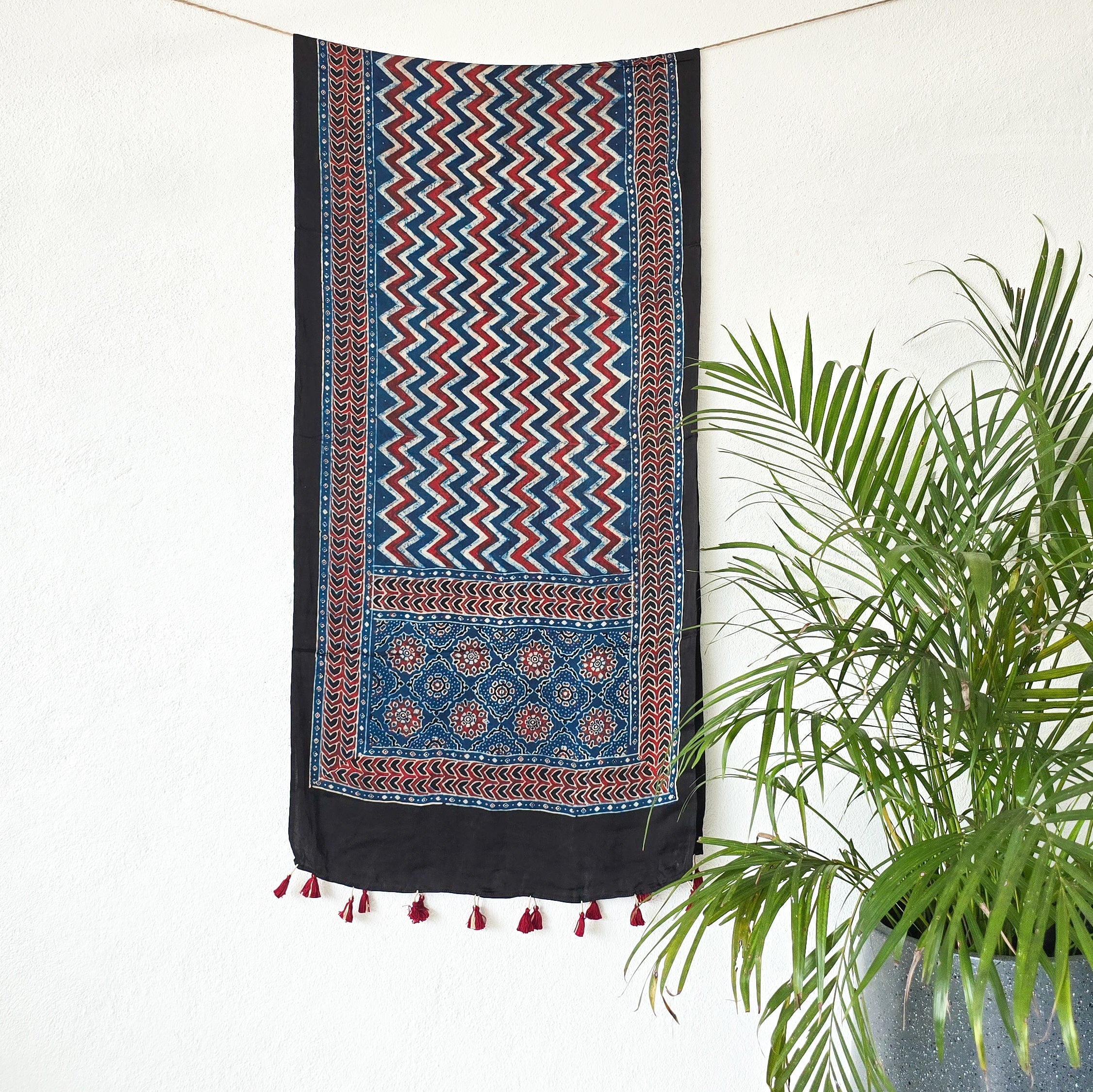 Modal Silk Ajrak Blue With Red Zig-Zag And Border Design Stole – Sanskruti