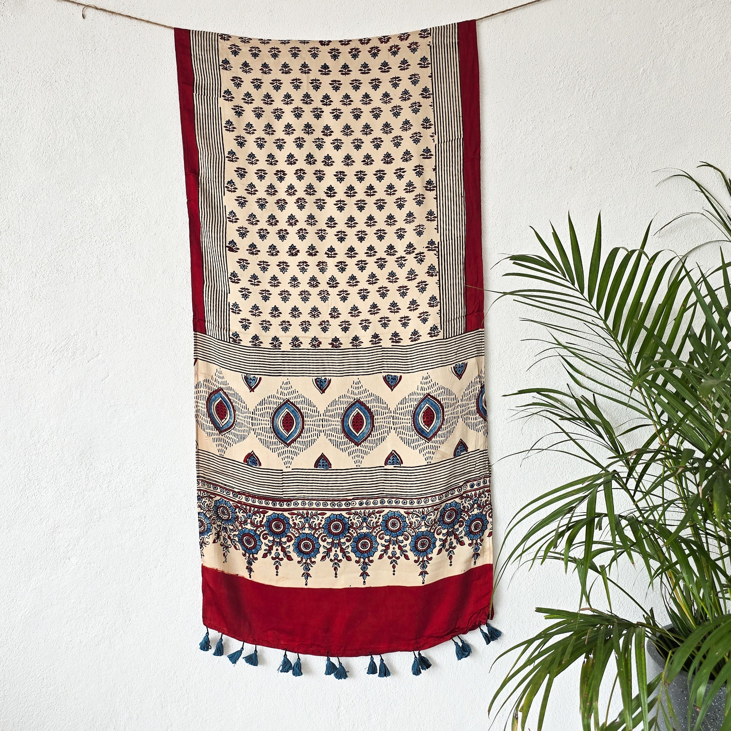 Modal Silk Ajrak Cream With Blue And Red Intricate Border Design Stole ...