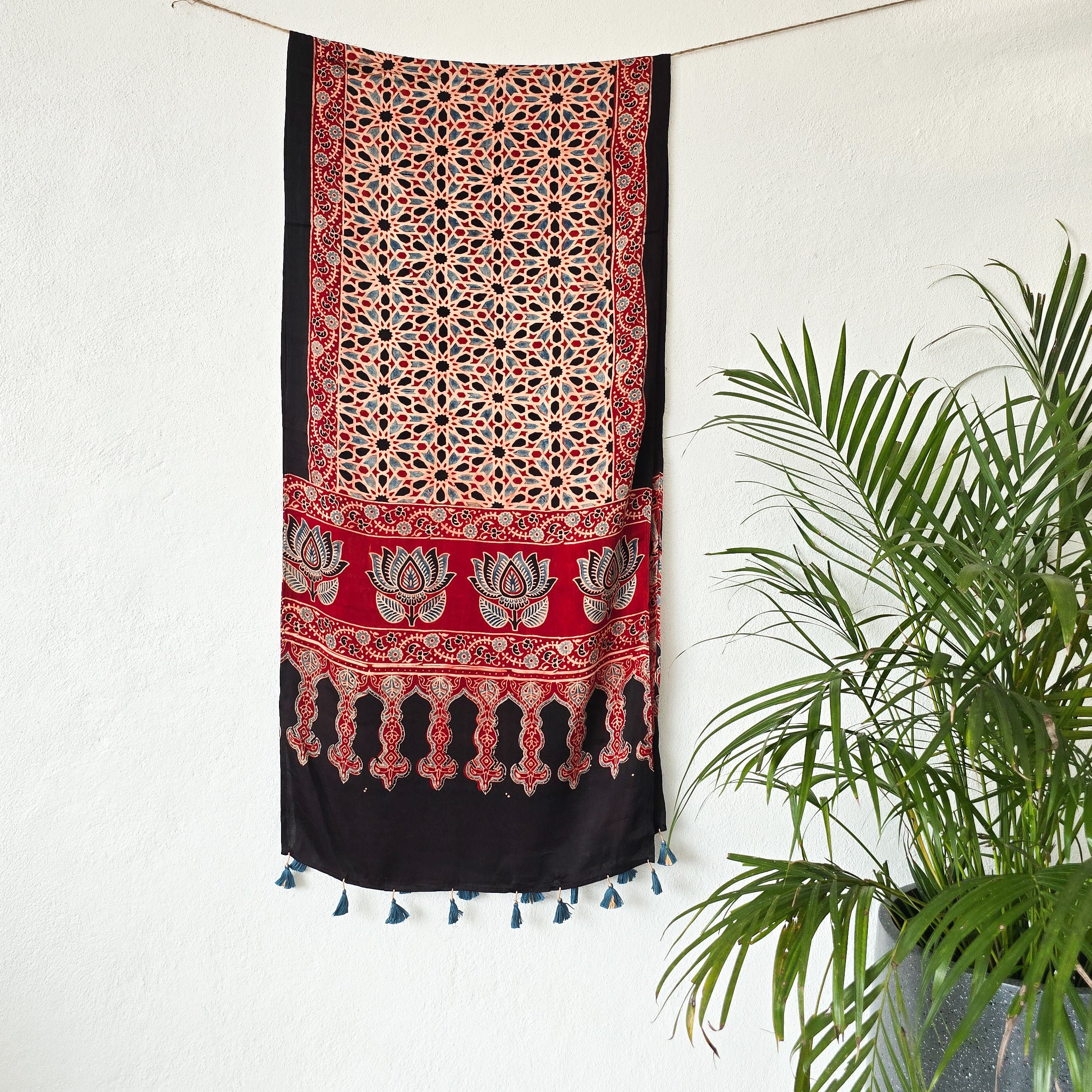 Modal Silk Ajrak Rust Red And Black Intricate Border Design Stole ...