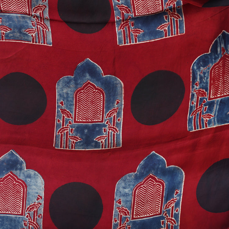 Modal Silk Ajrak Rust Red With Blue And Black Big Window Motif Hand Bl ...