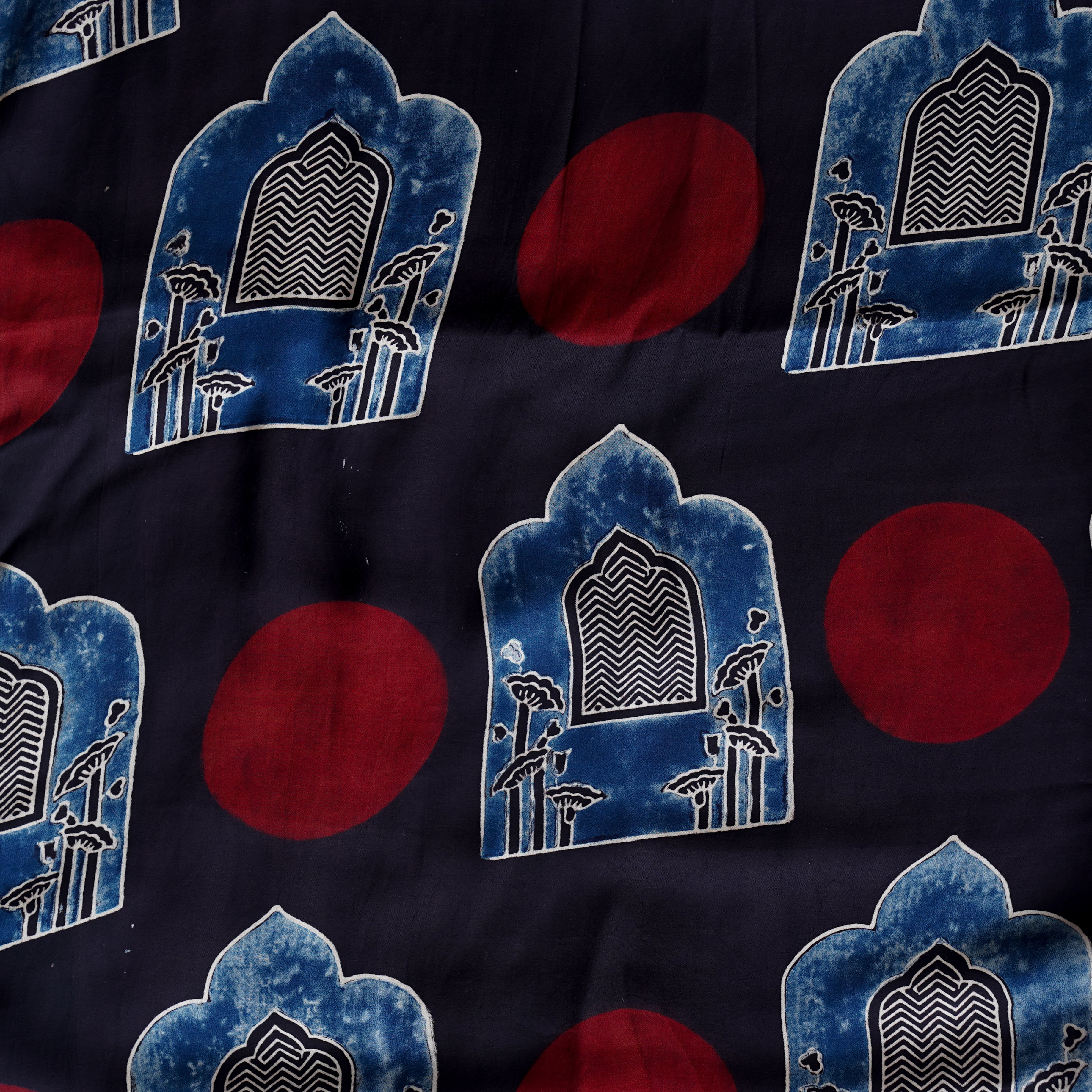 Modal Silk Black With Rust Blue And Red Window Motif Hand Block Print ...
