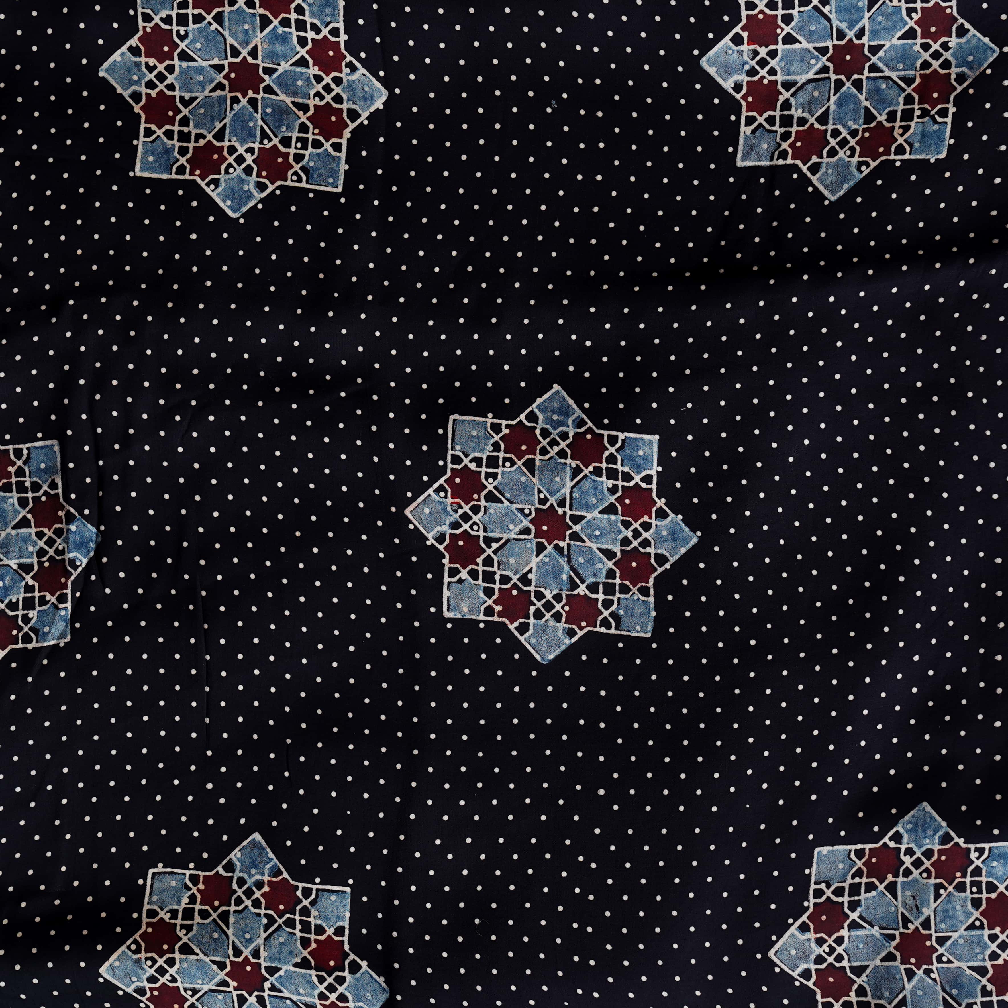 Modal Silk Black With Rust Blue Star Motif Hand Block Print Fabric ...