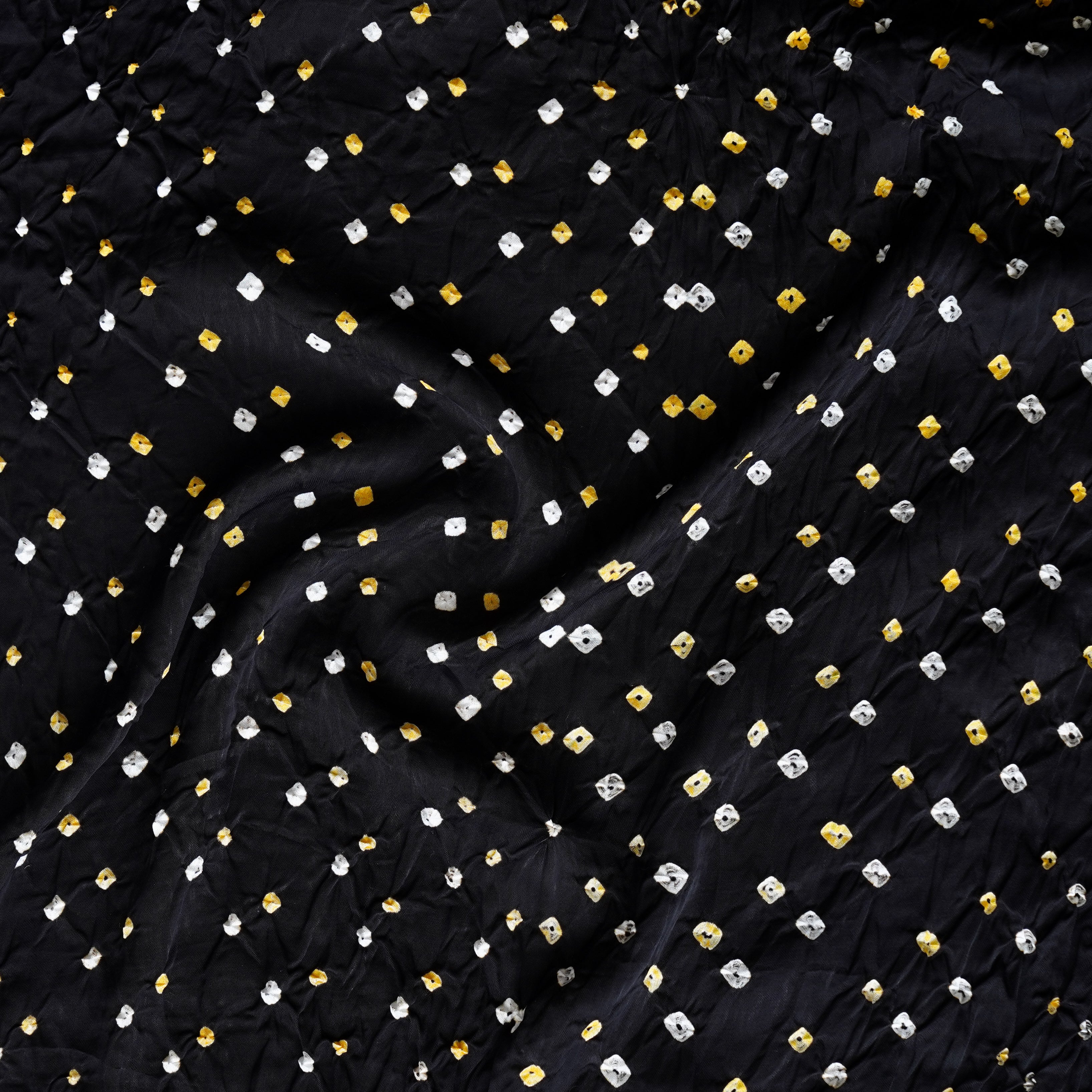 Modal Silk Black With Yellow And White Bandhani Fabric – Sanskruti
