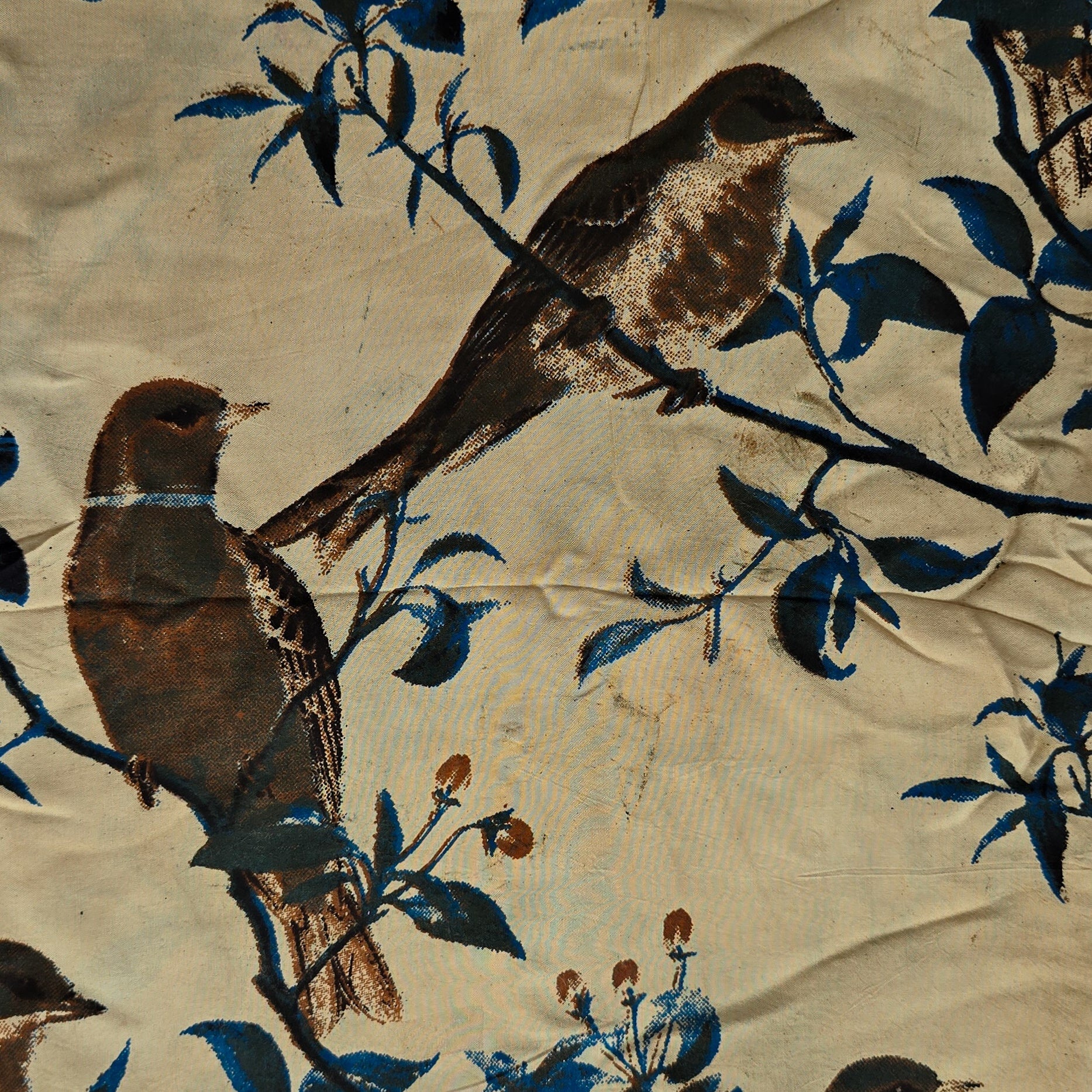 Modal Silk Kalamkari Cream With Brown Sparrow Birds screen Print Fabri ...