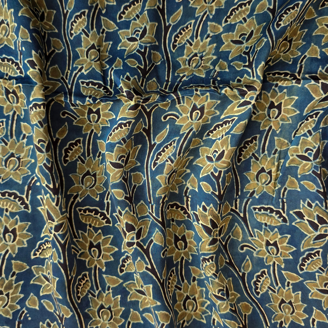 (PRE-CUT 1 METER)Modal Silk Rust Blue With Green Flower Jaal Fabric ...