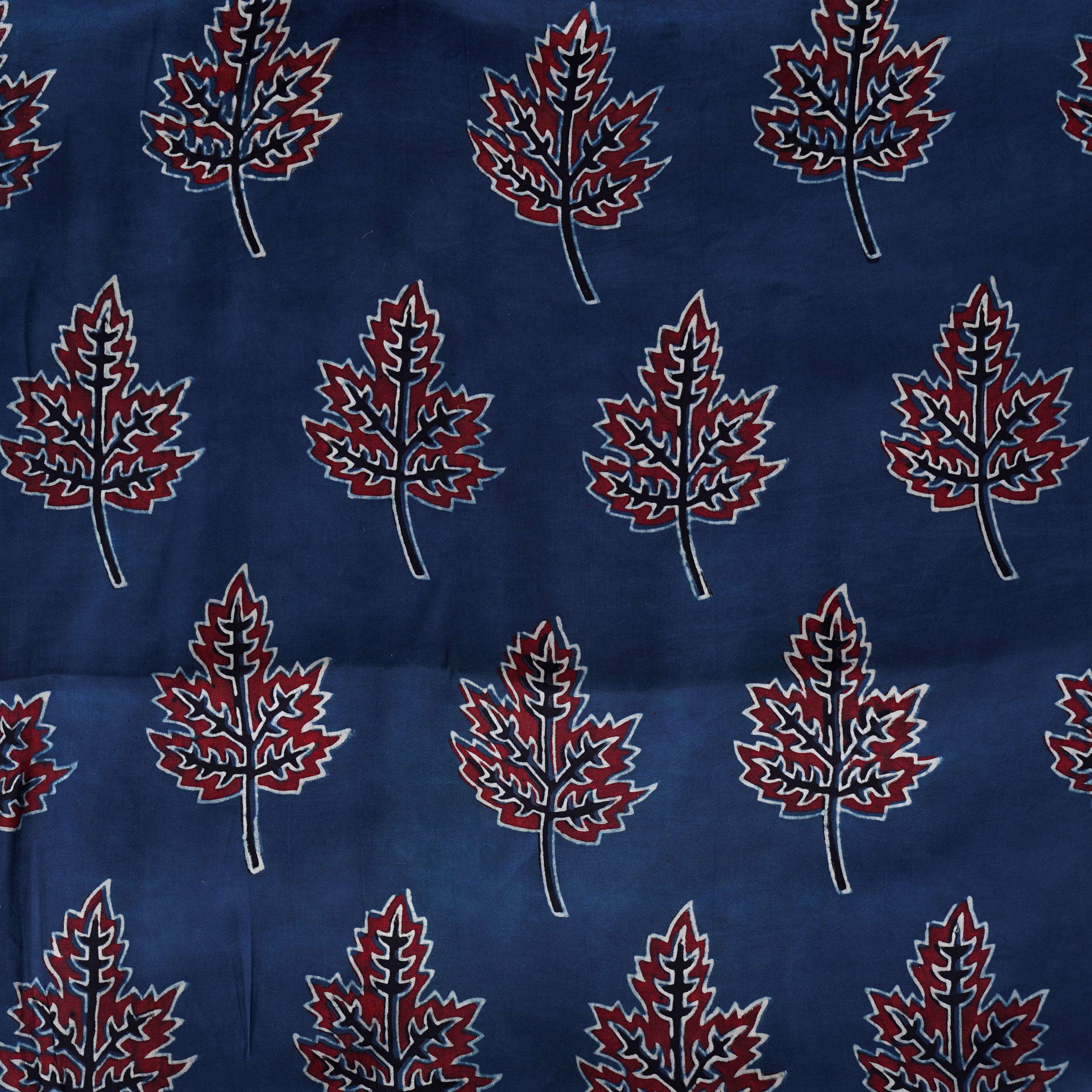 Modal Silk Rust Blue With Red Leaves Motif Hand Block Print Fabric ...