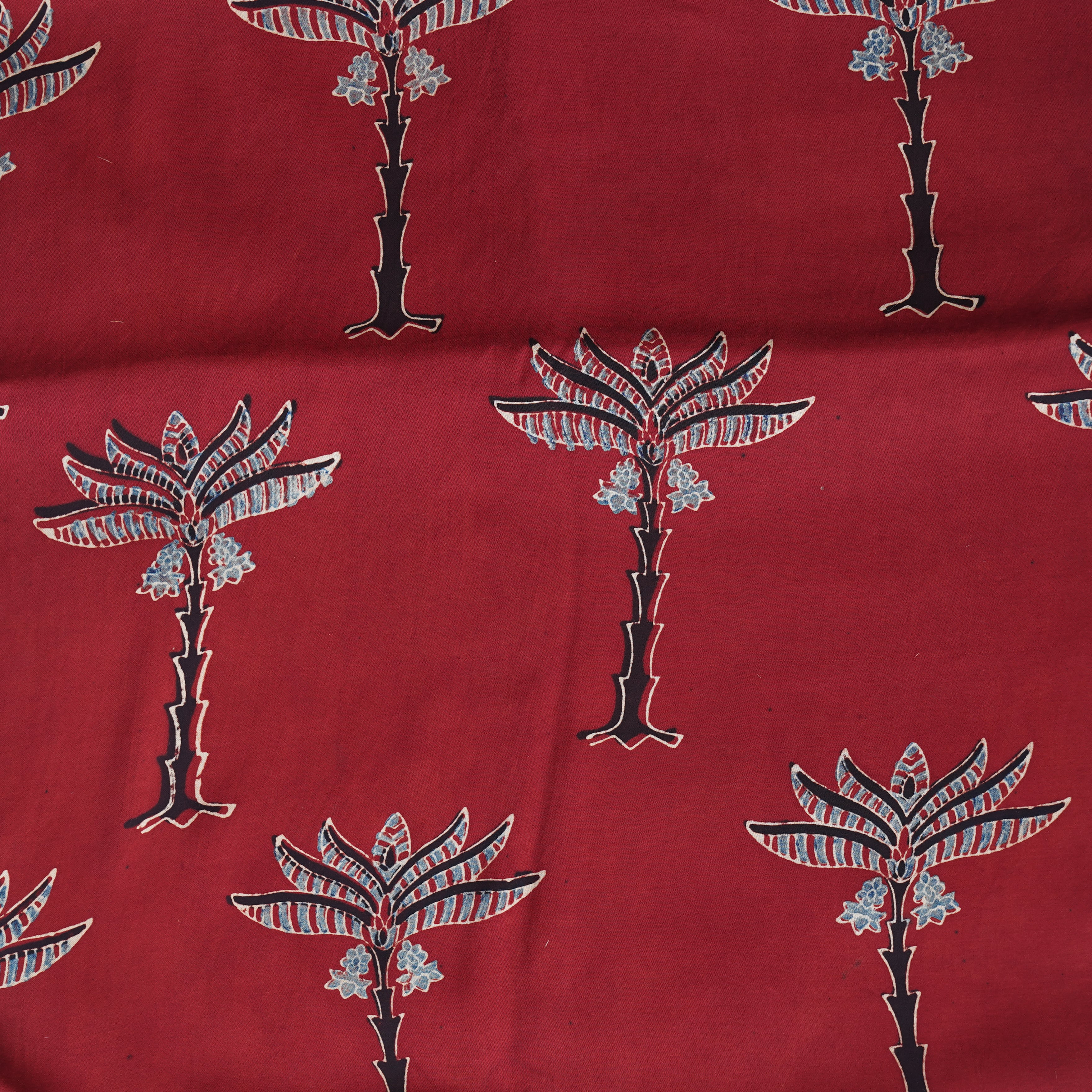 Modal Silk Rust Red With Black Coconut Tree Motif Hand Block Print Fab ...
