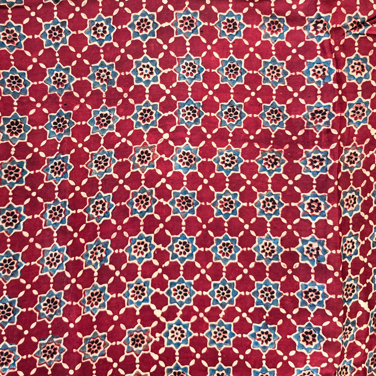 Modal Silk Rust Red With Blue Star Jaal Fabric – Sanskruti