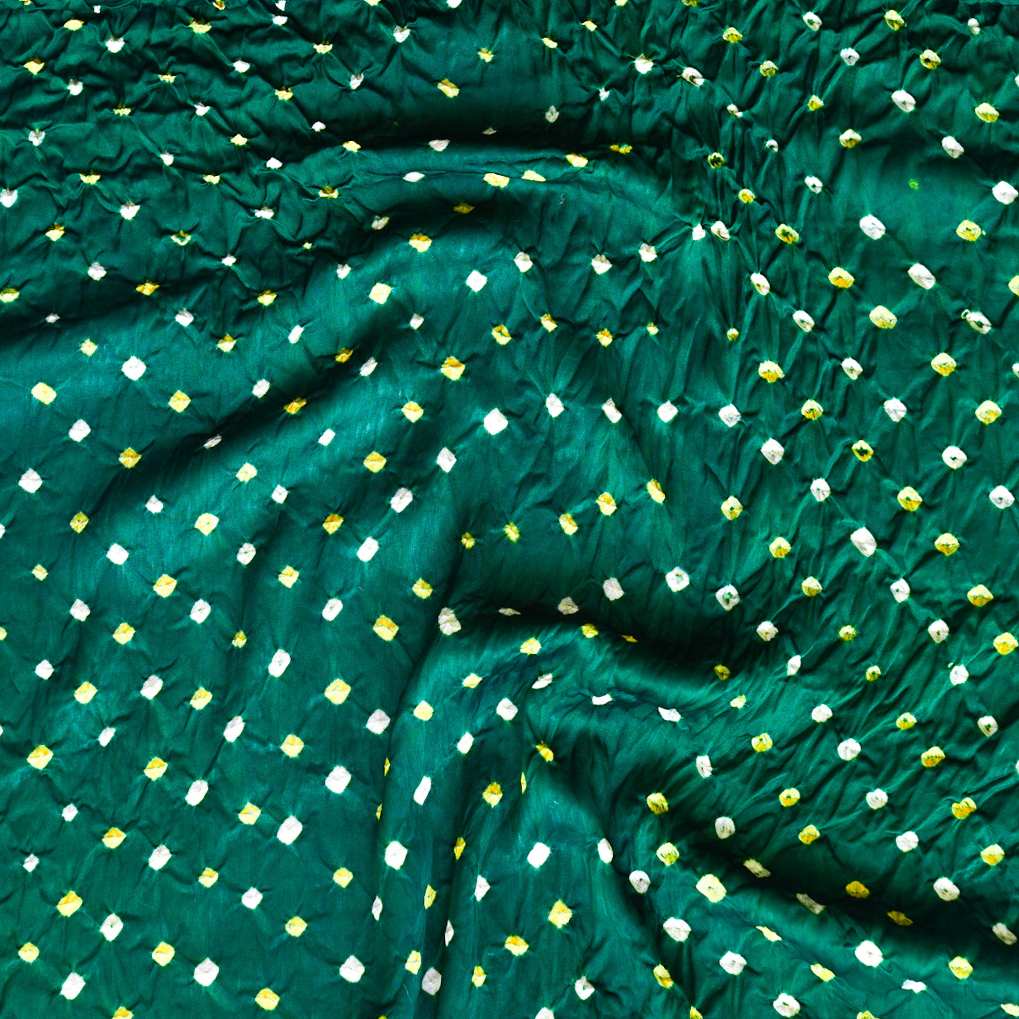 Modal Silk Teal Green With Yellow And White Bandhani Fabric – Sanskruti