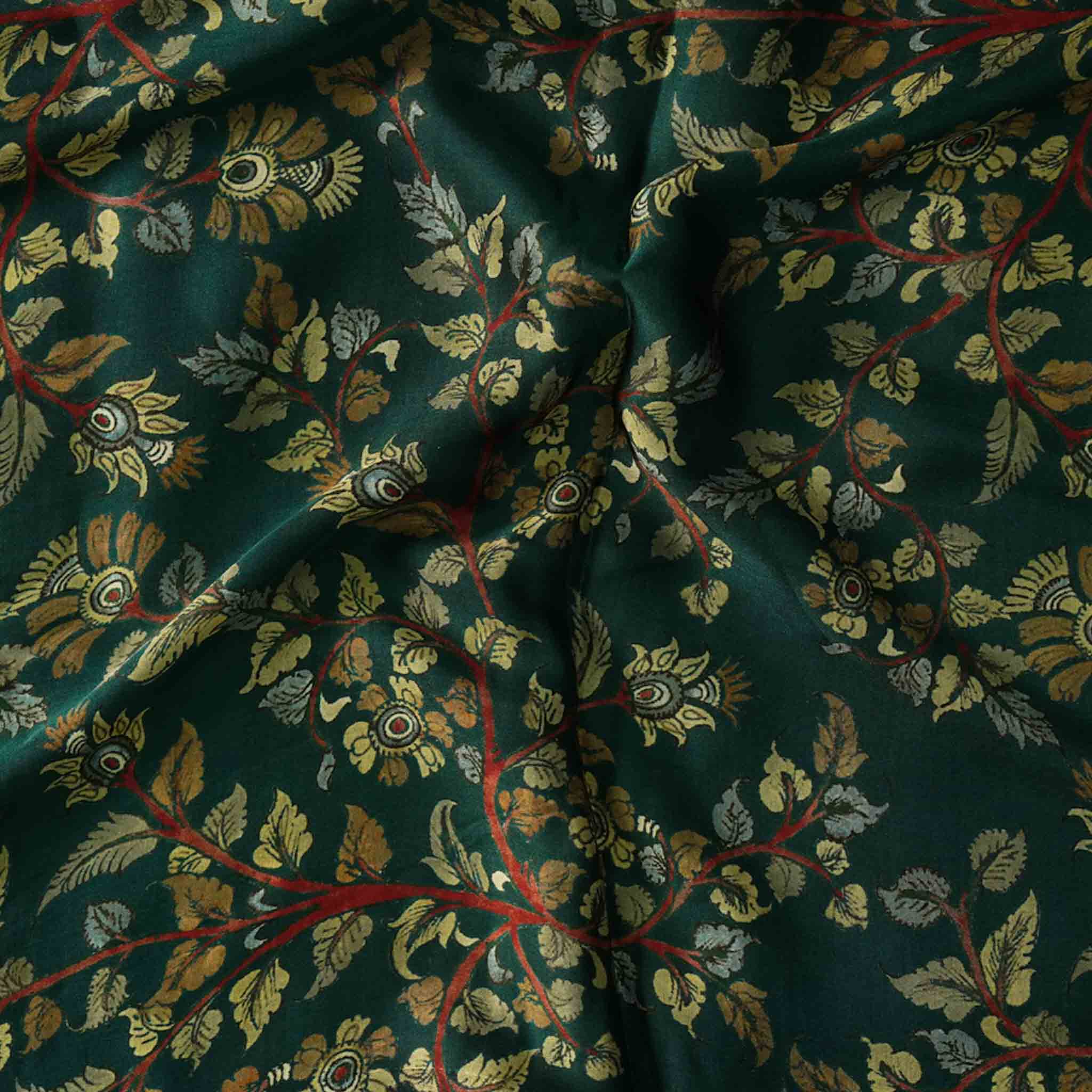 Modal Satin Digital Print Dark Green With Flower Jaal Hand Woven Fabri ...