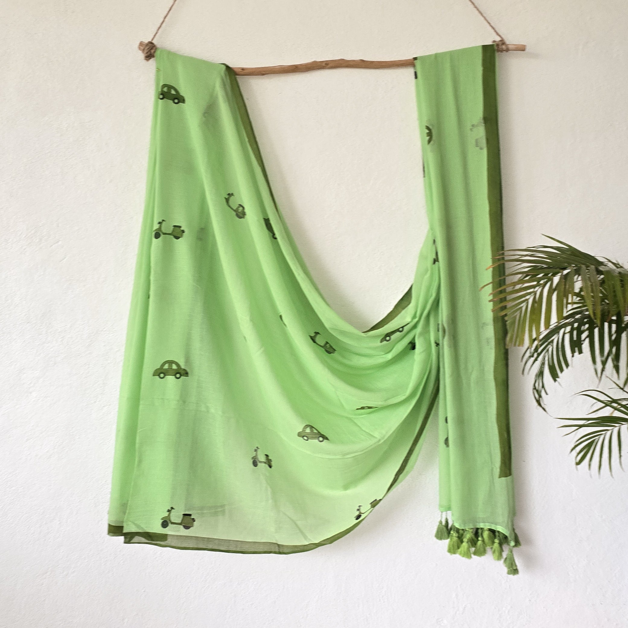 Mul Piku -Mul Piku Pista Green With Olive Green Car And Scooty Saree ...